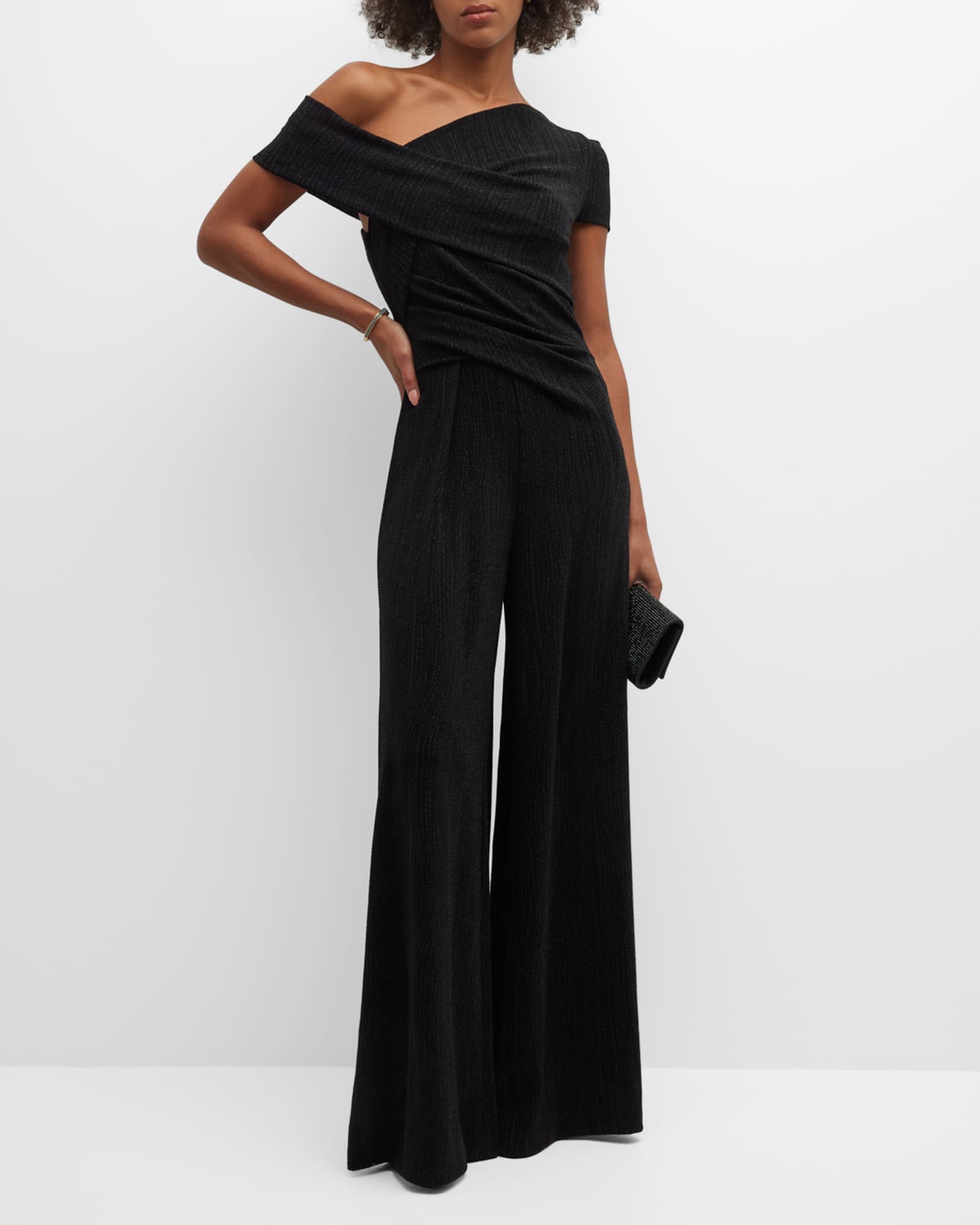 Talbot Runhof Crossover One-Shoulder Metallic Jersey Wide-Leg Jumpsuit ...