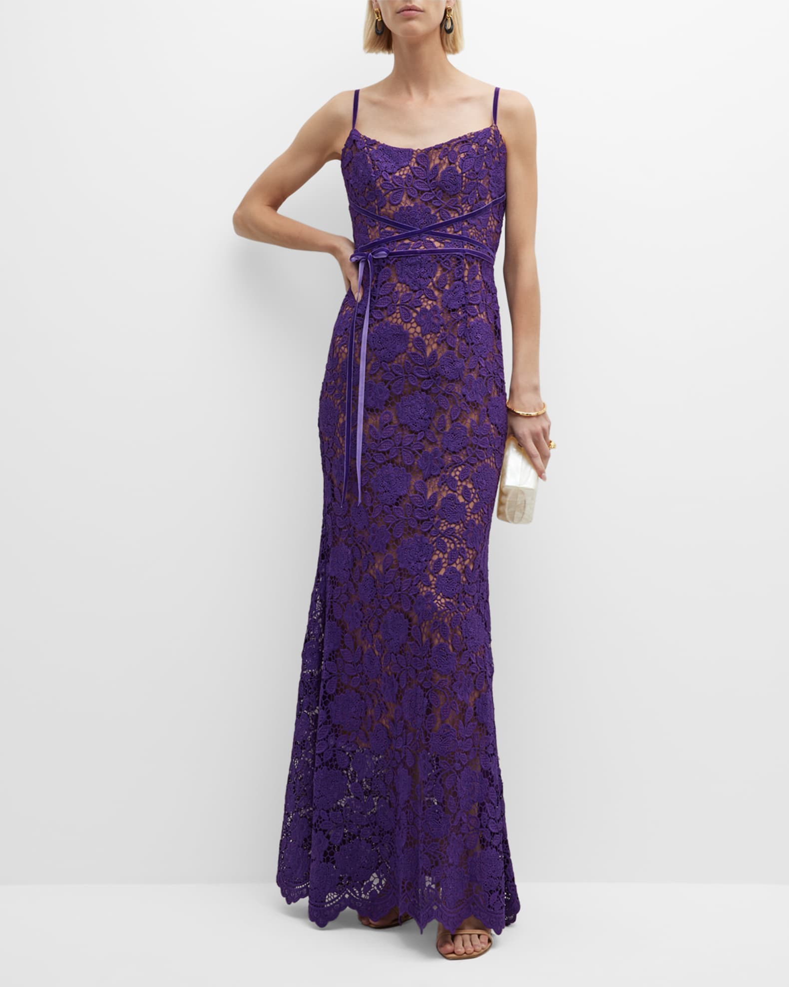 Marchesa Notte Crisscross Velvet-Trim Flower Applique Lace Gown ...