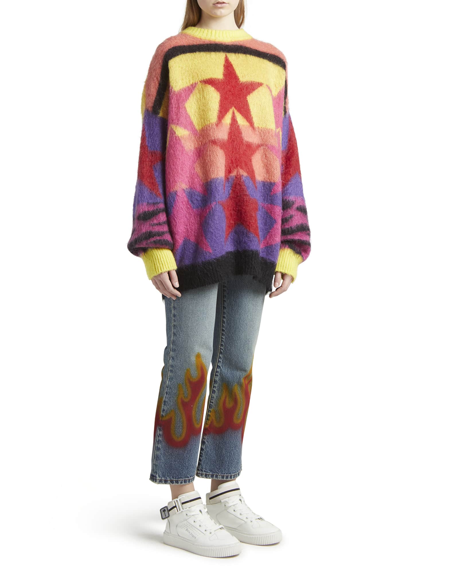 Palm Angels Colorblock Star Crewneck Sweater | Neiman Marcus