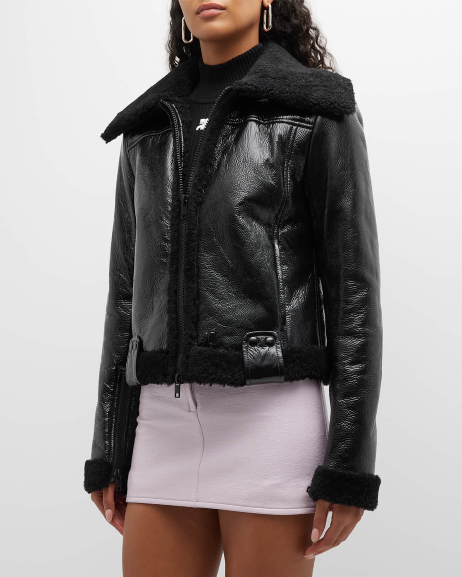 Courreges Lamb Shearling Shiny Pilot Jacket | Neiman Marcus