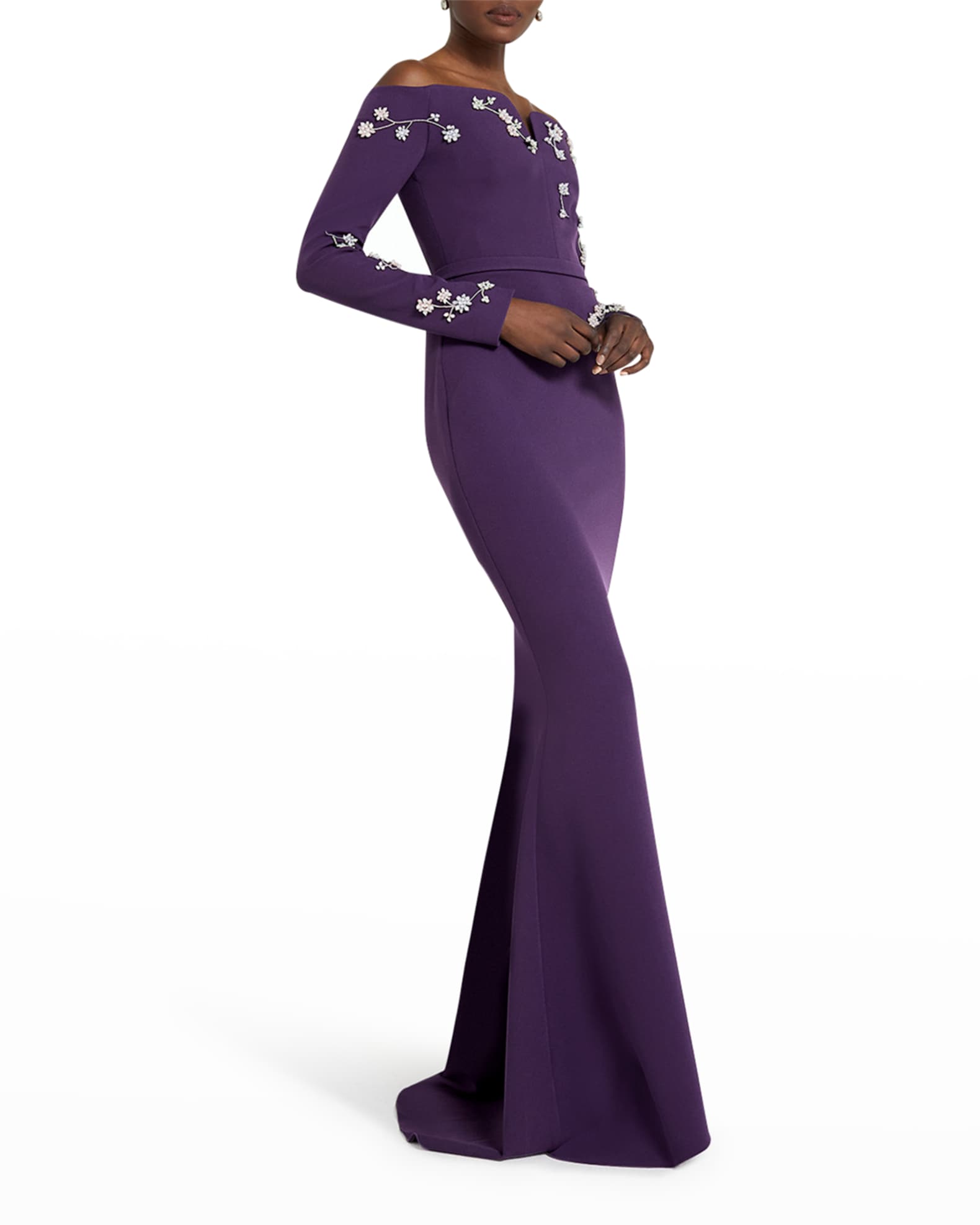 Safiyaa Flower Embroidered Off-The-Shoulder Crepe Gown | Neiman Marcus