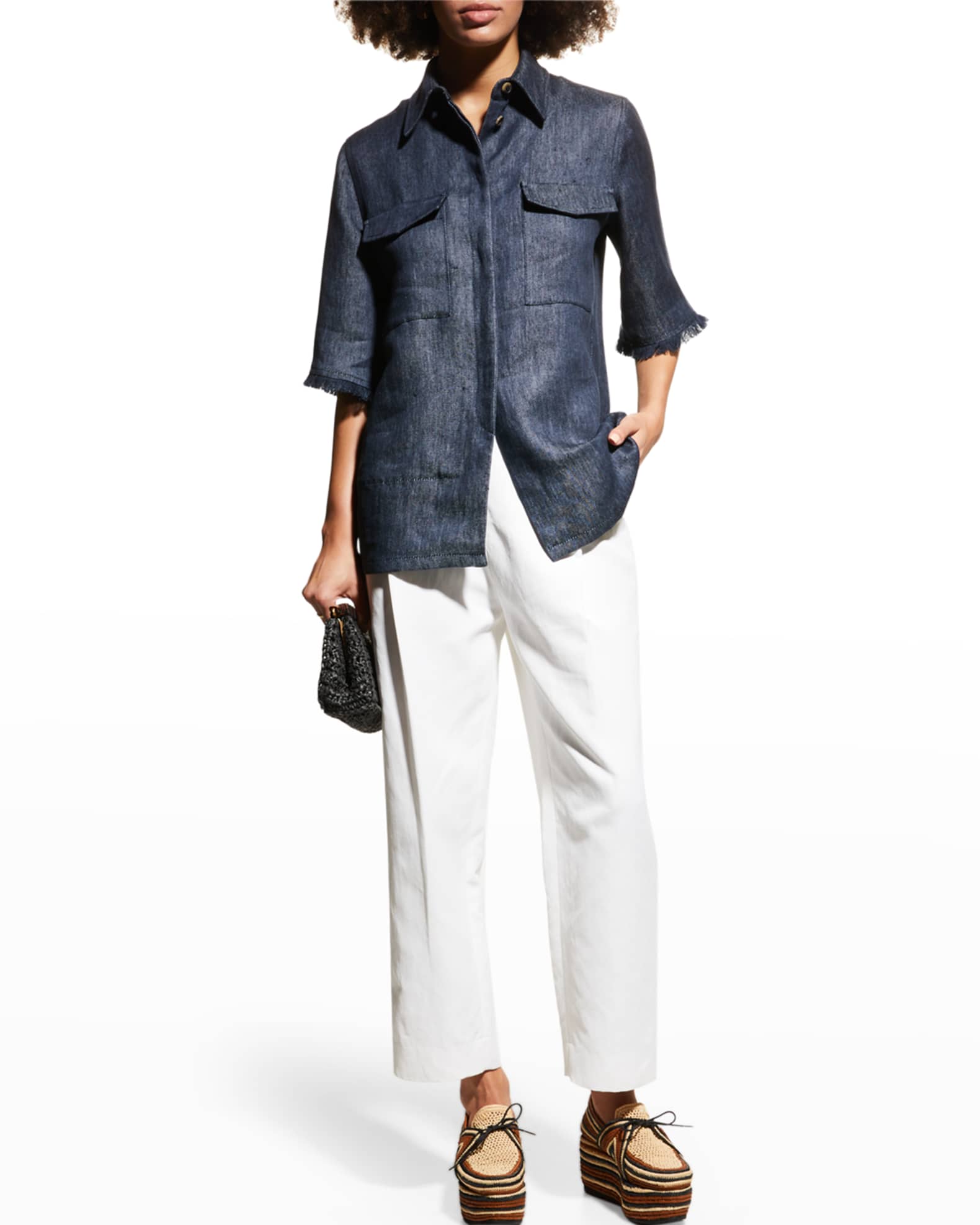 Gabriela Hearst Miller Frayed-Cuff Linen Button-Front Shirt | Neiman Marcus