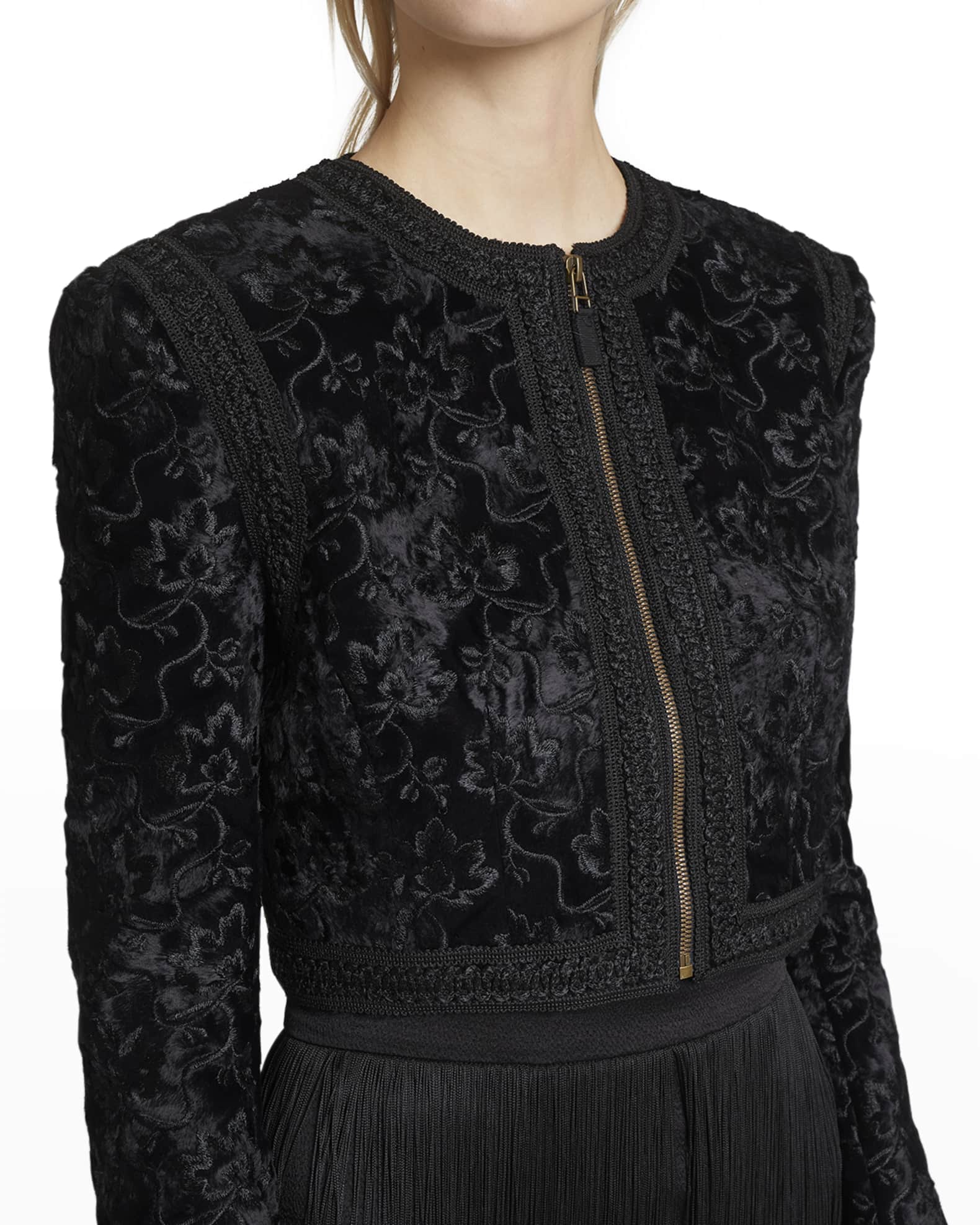 Andrew Gn Floral Embroidered Velvet Crop Jacket | Neiman Marcus