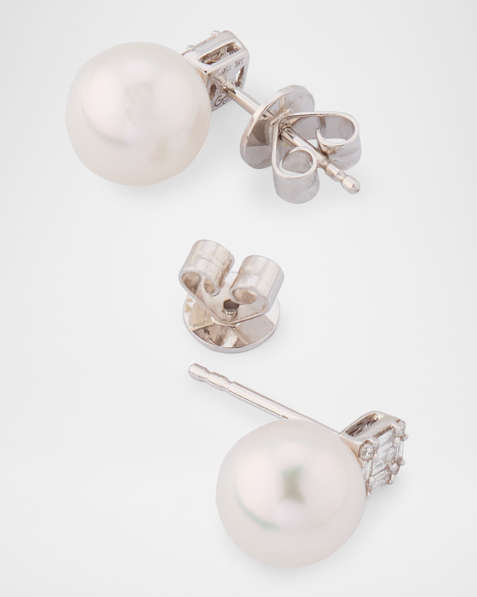 Pearls By Shari 18K White Gold 8mm Akoya Pearl and Bag Diamond Stud Earrings | Neiman Marcus