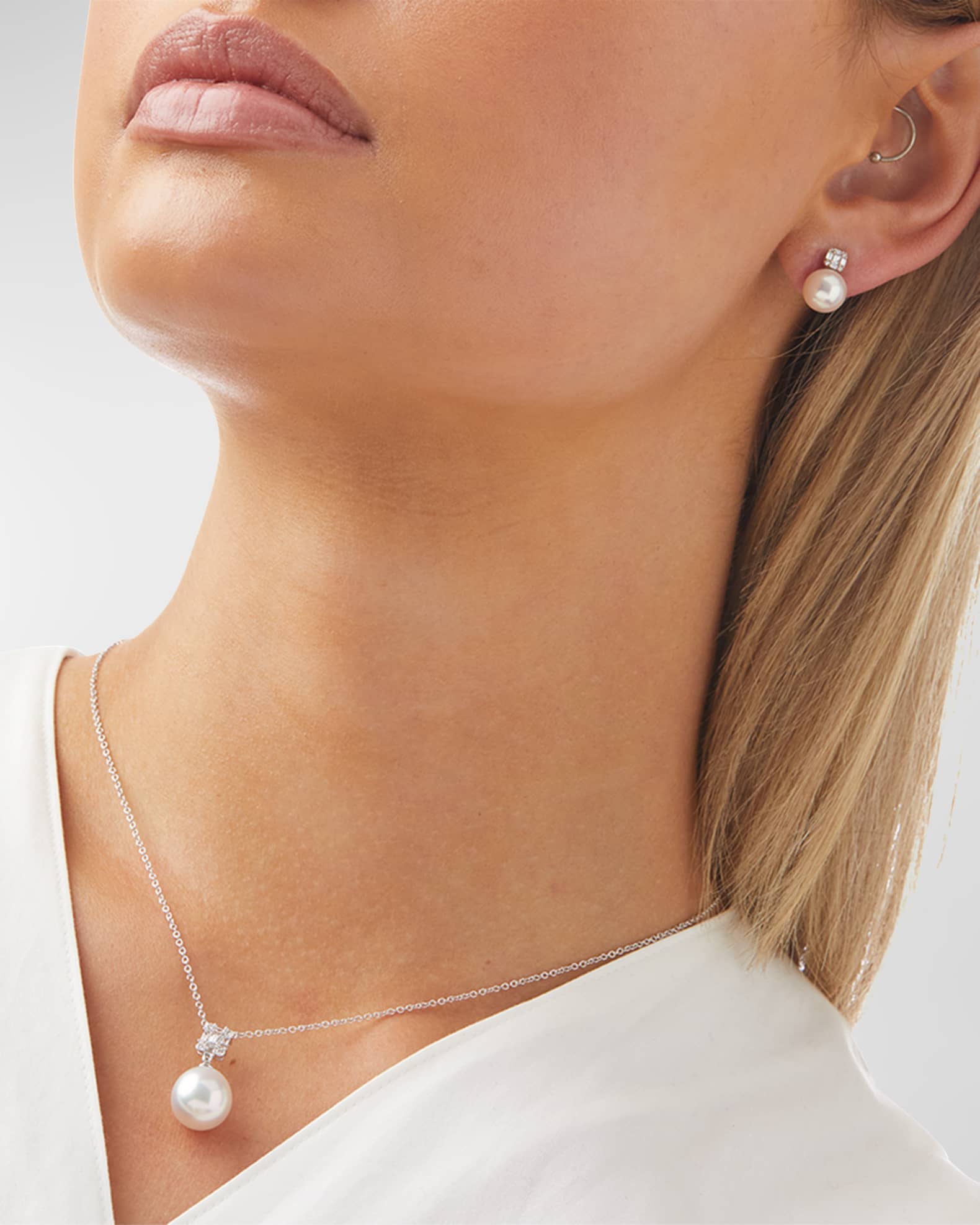 18K White Gold 8mm Akoya Pearl and Bag Diamond Stud Earrings | Neiman Marcus