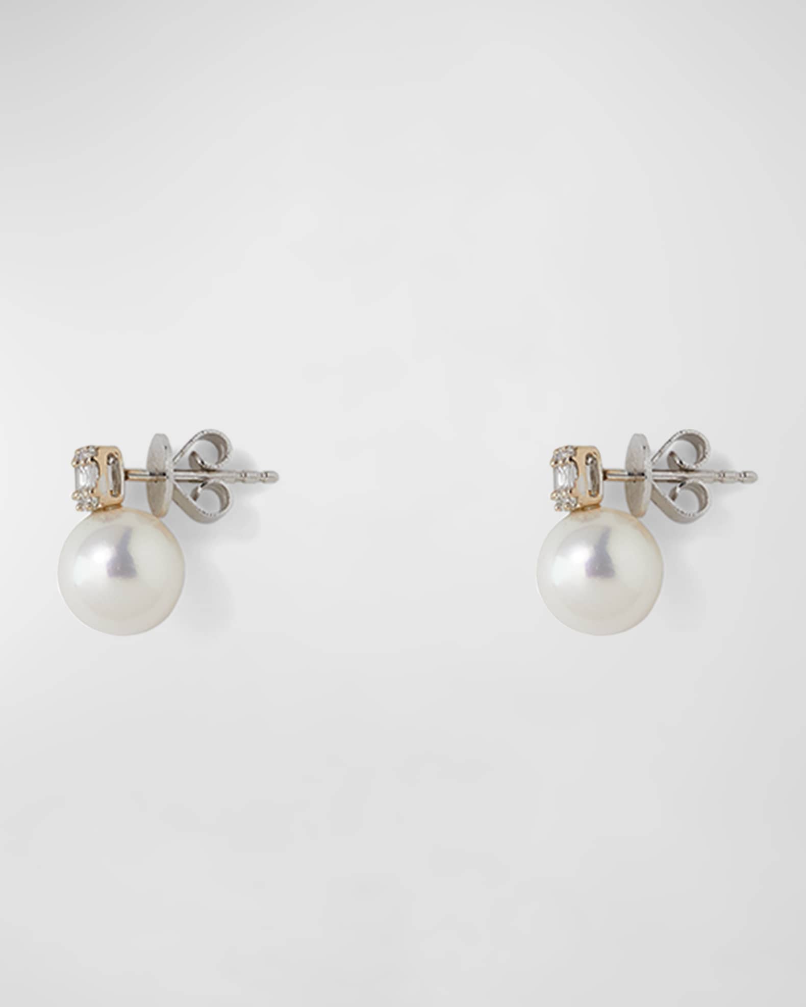 18K White Gold 8mm Akoya Pearl and Bag Diamond Stud Earrings | Neiman Marcus