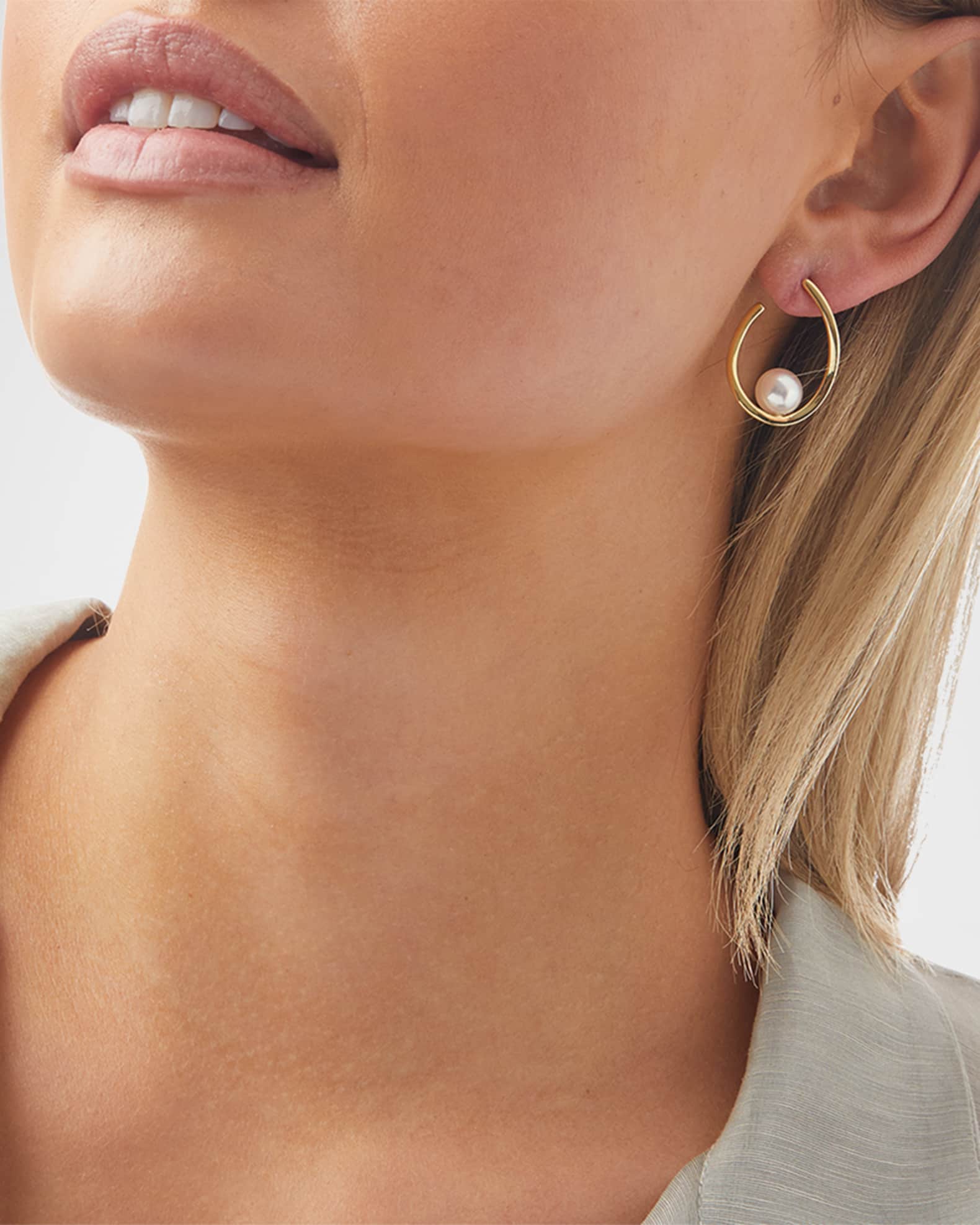 Pearls By Shari 18K Yellow Gold 8mm Akoya Pearl Hoop Earrings | Neiman Marcus