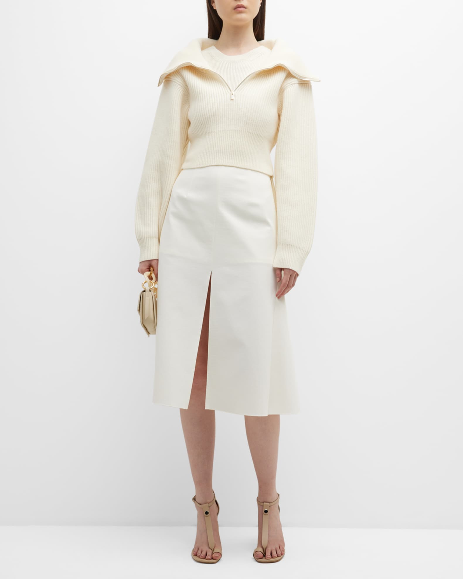 Jacquemus Risoul Double-Collar Rib Crop Wool Sweater | Neiman Marcus