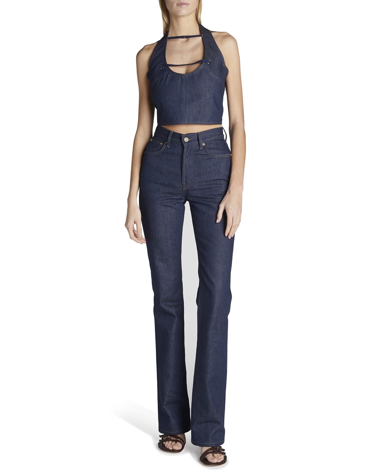 Jacquemus Haut Papier Strappy Denim Halter Crop Top | Neiman Marcus