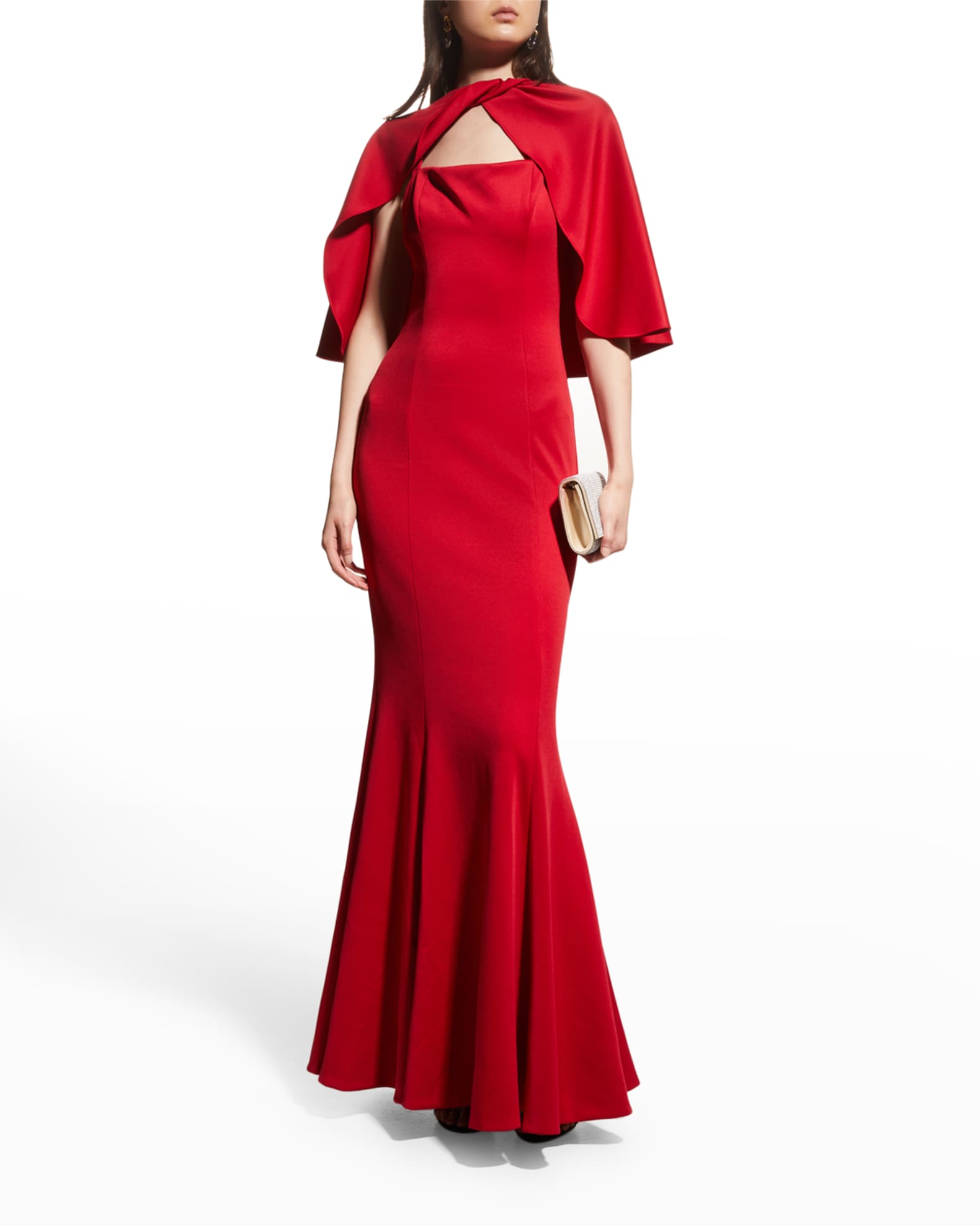 Black Halo Crisanta Cutout Cape Trumpet Gown | Neiman Marcus