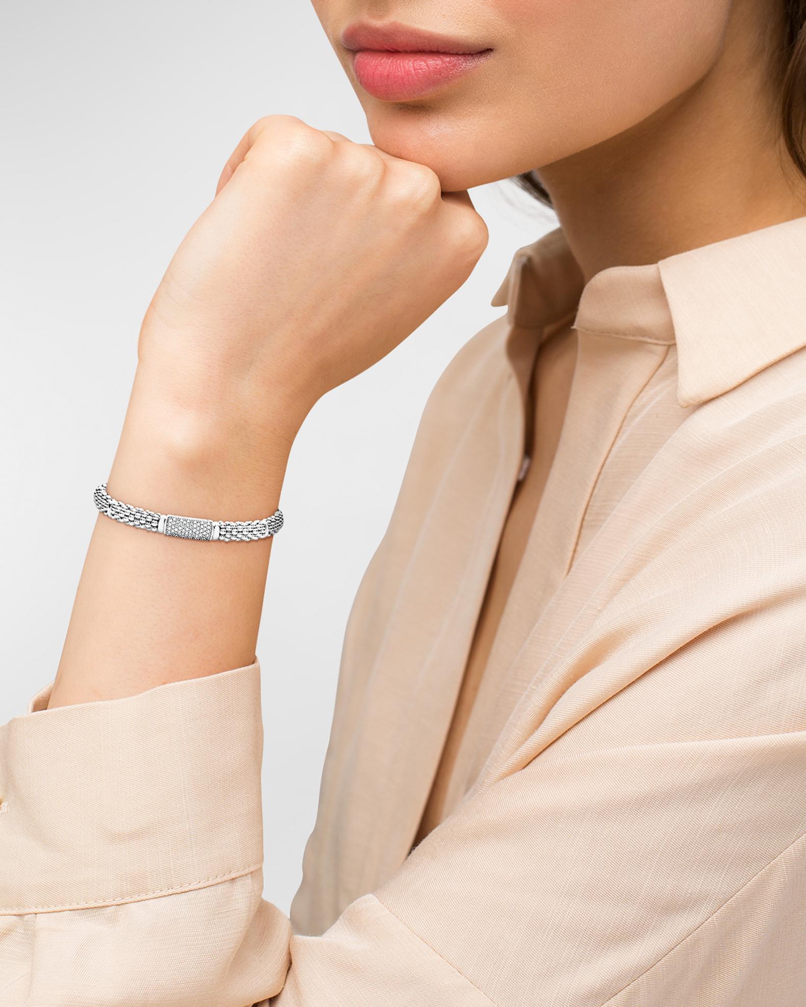 LAGOS Pavé Diamond and Sterling Silver Caviar Bead 6mm Rope Bracelet ...