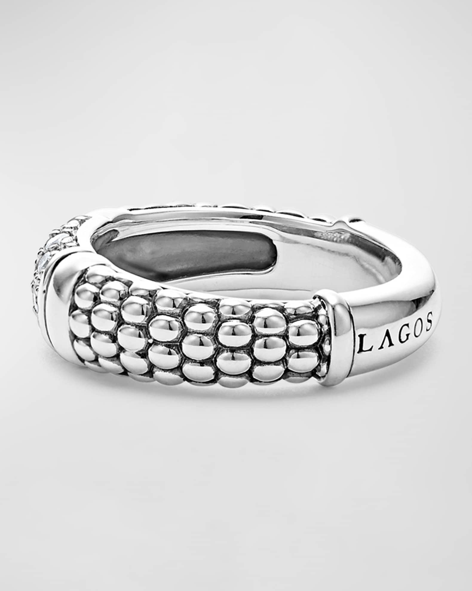 LAGOS Pavé Diamond and Sterling Silver Caviar Bead 6mm Band Ring ...