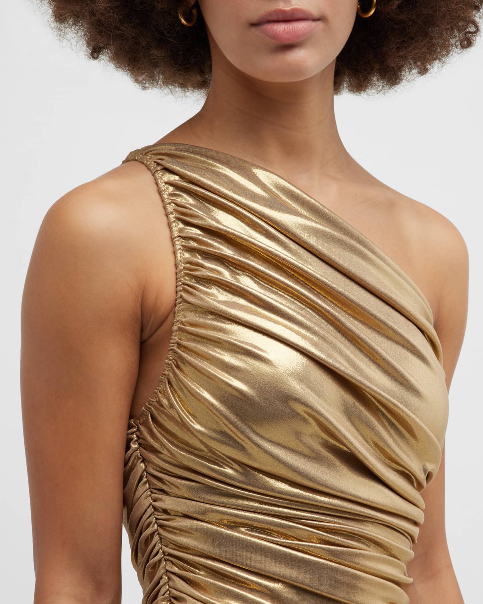 Norma Kamali Diana One-Shoulder Shirred Lame Dress | Neiman Marcus