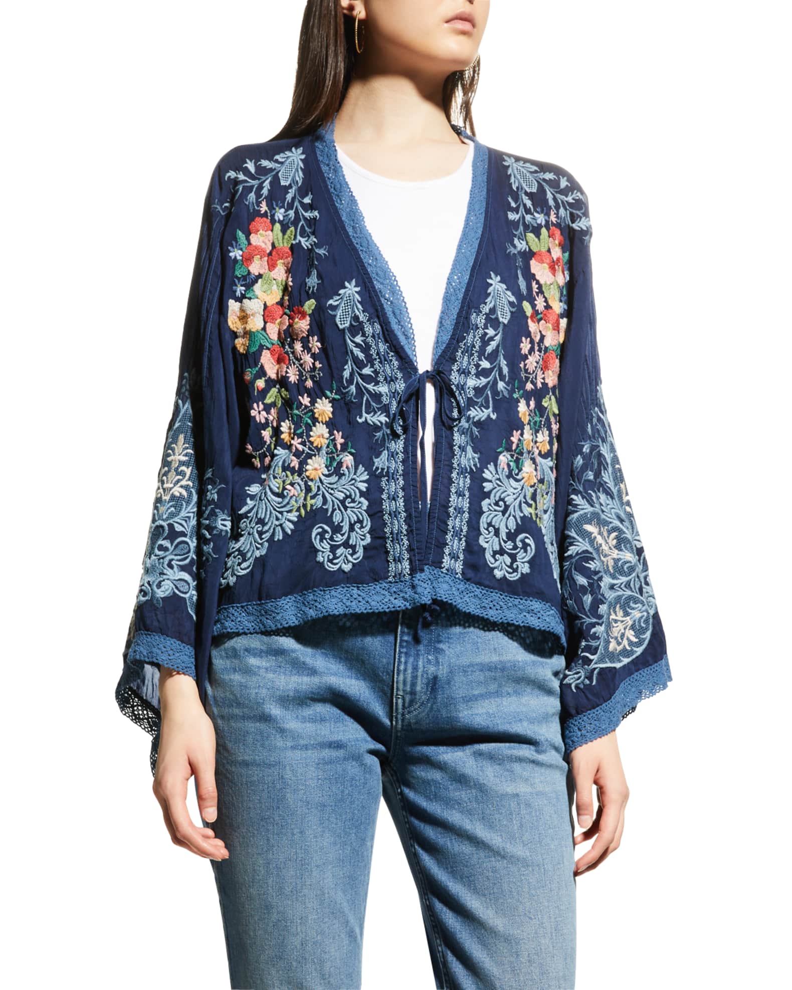 Johnny Was Carter Floral-Embroidered Lace-Trim Kimono | Neiman Marcus