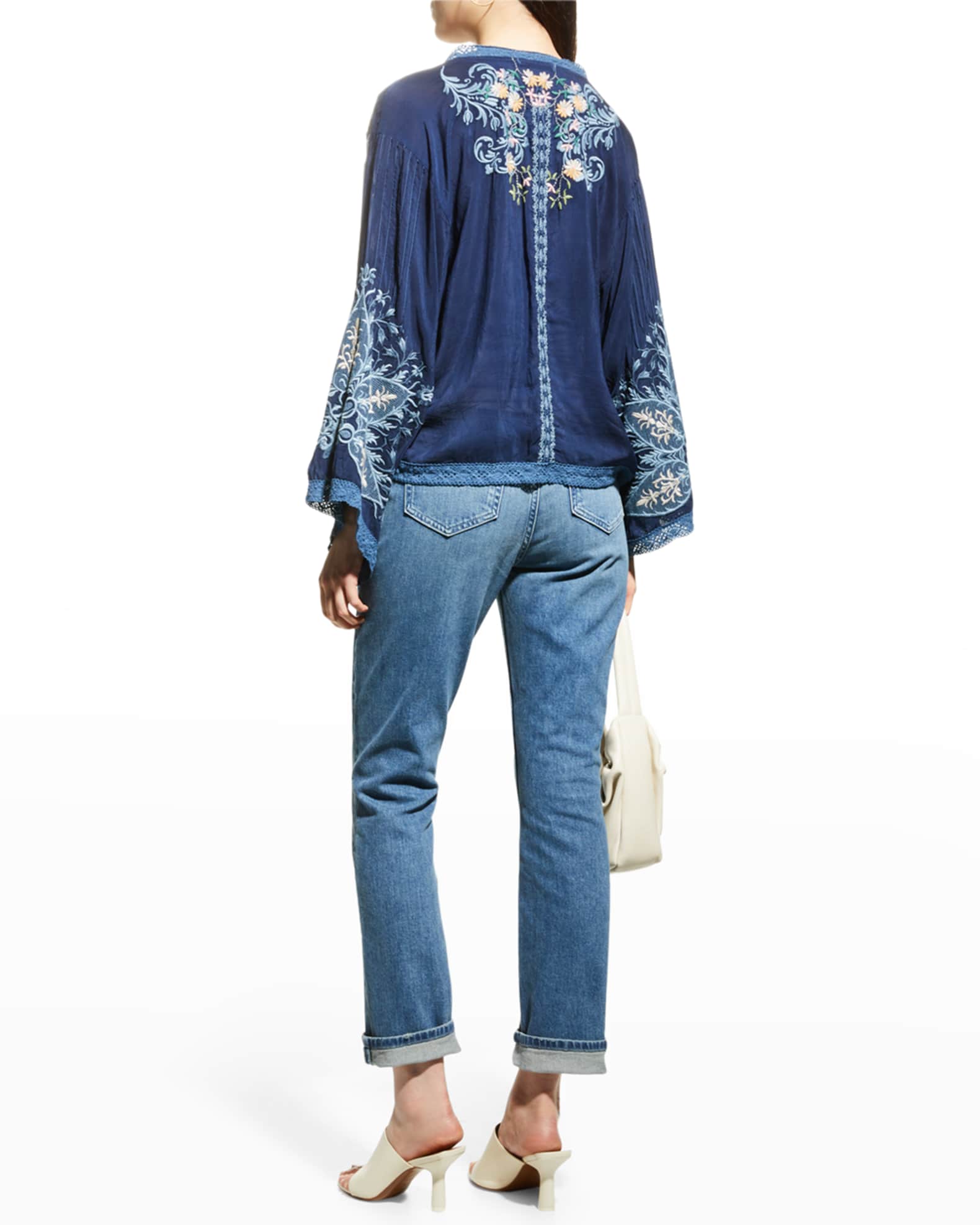 Johnny Was Carter Floral-Embroidered Lace-Trim Kimono | Neiman Marcus