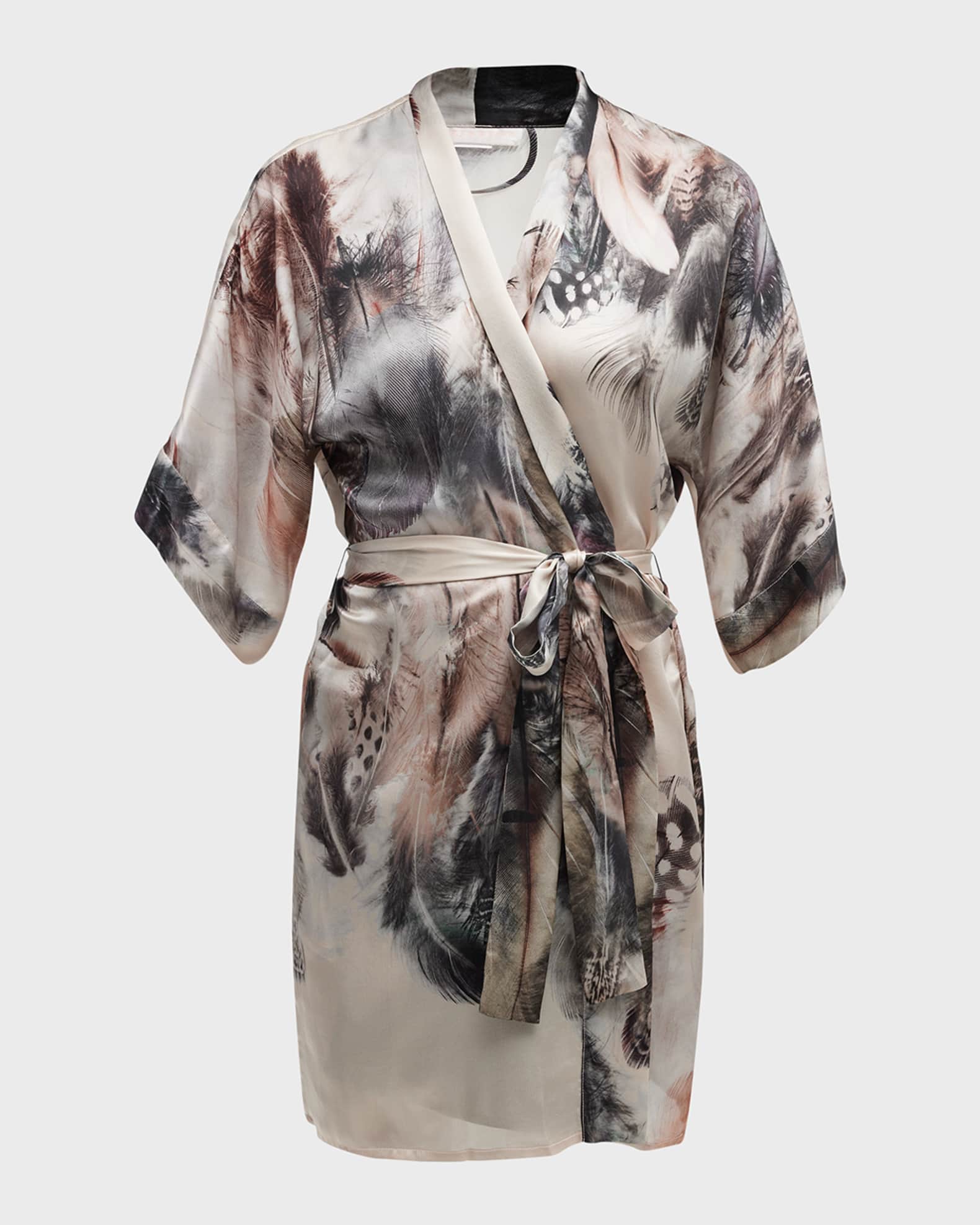 Christine Lingerie Sanctuary Feather-Print Silk Robe | Neiman Marcus