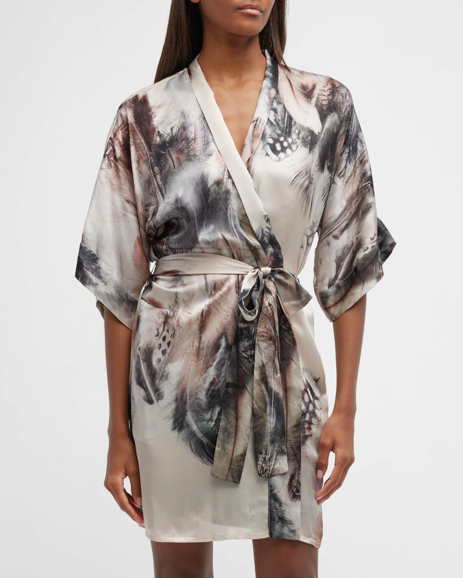 Christine Lingerie Sanctuary Feather-Print Silk Robe | Neiman Marcus