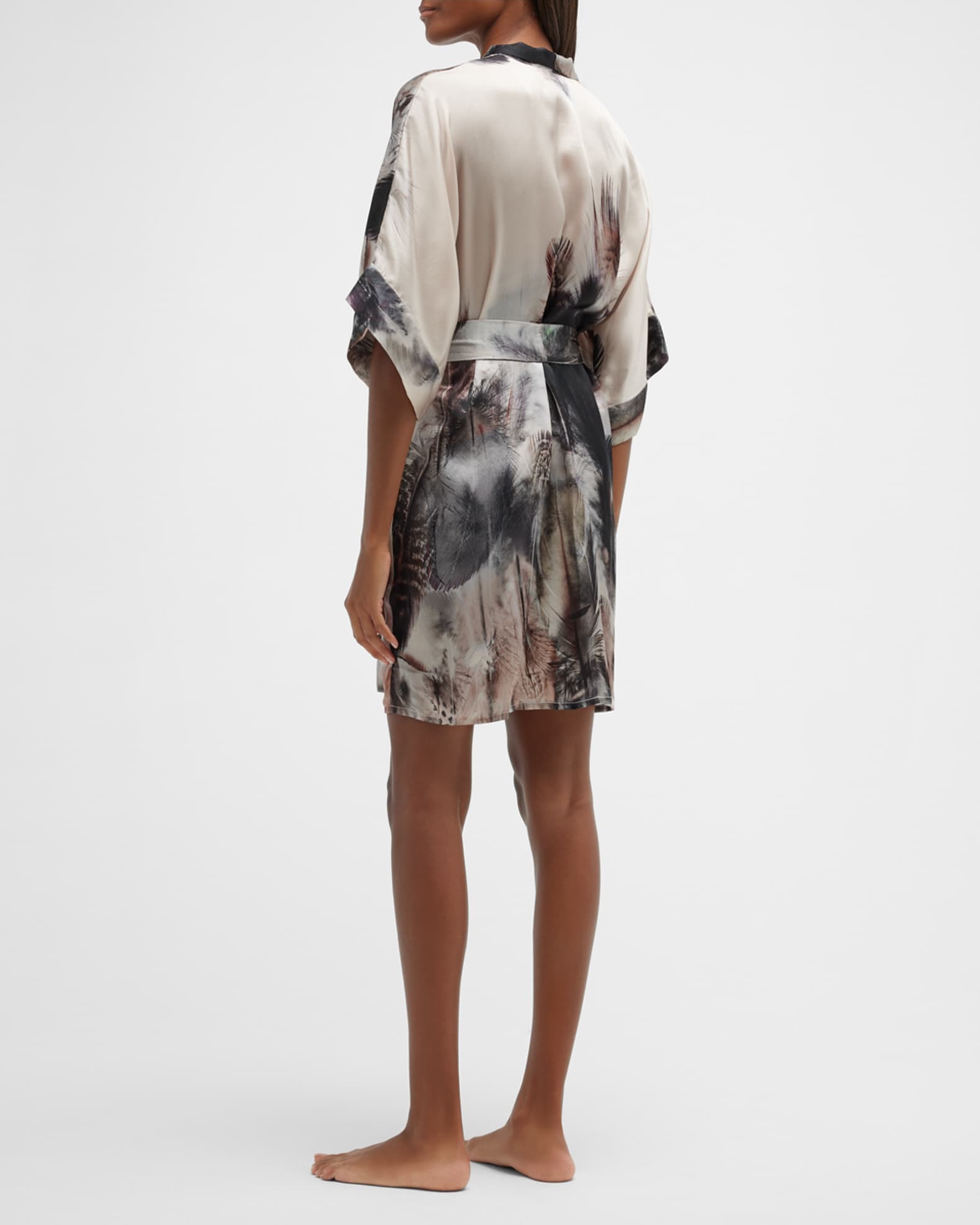 Christine Lingerie Sanctuary Feather-Print Silk Robe | Neiman Marcus