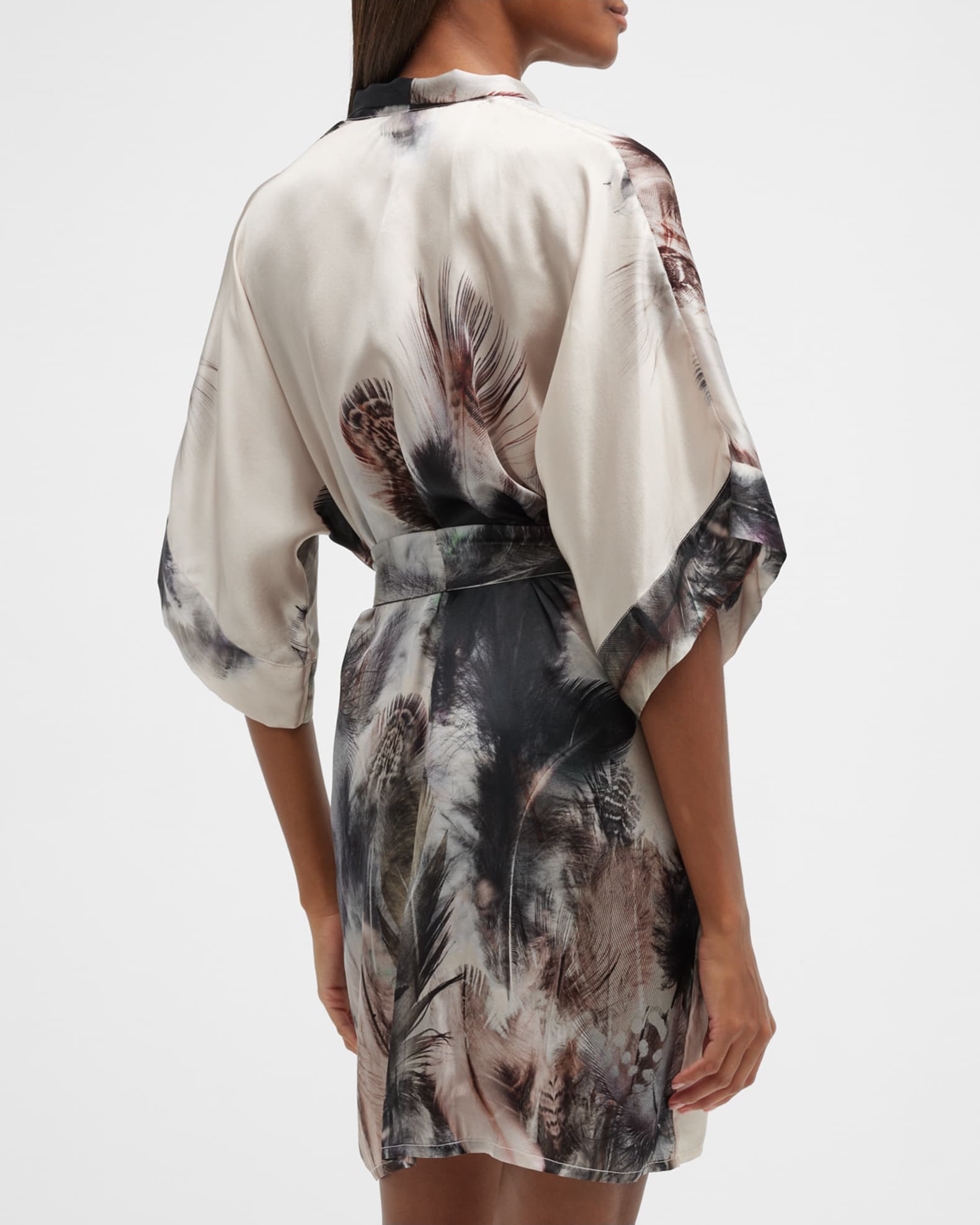 Christine Lingerie Sanctuary Feather-Print Silk Robe | Neiman Marcus