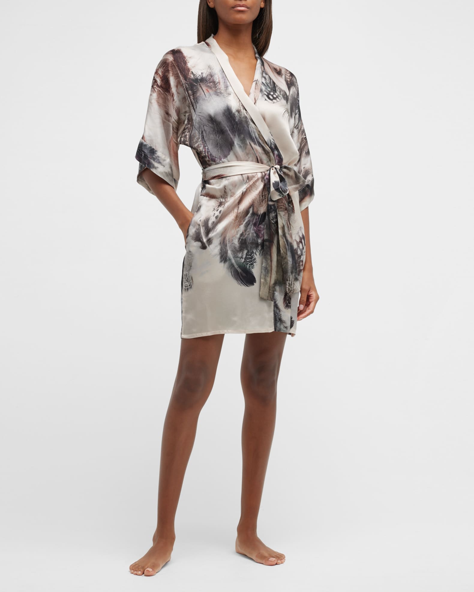 Christine Lingerie Sanctuary Feather-Print Silk Robe | Neiman Marcus