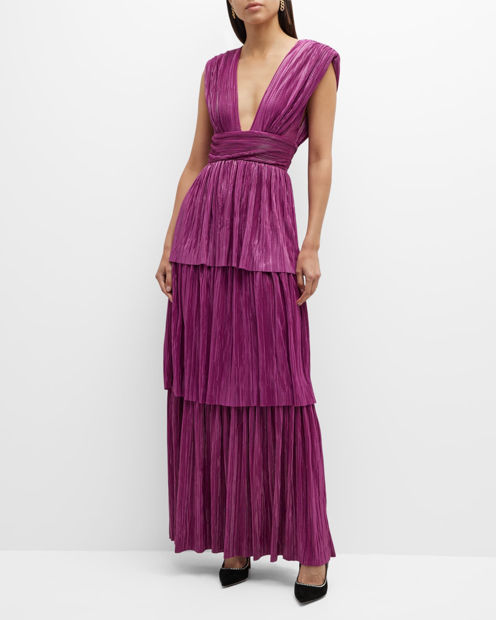 Sabina Musayev Judith Metallic Plisse Tiered Maxi Dress | Neiman Marcus Sabina Musayev Judith Metallic Plisse Tiered Maxi Dress | Neiman Marcus