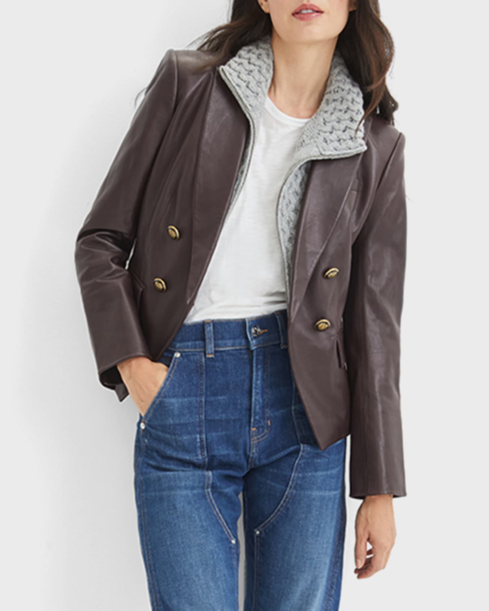 Veronica Beard Gail Double-Breasted Leather Dickey Jacket | Neiman Marcus