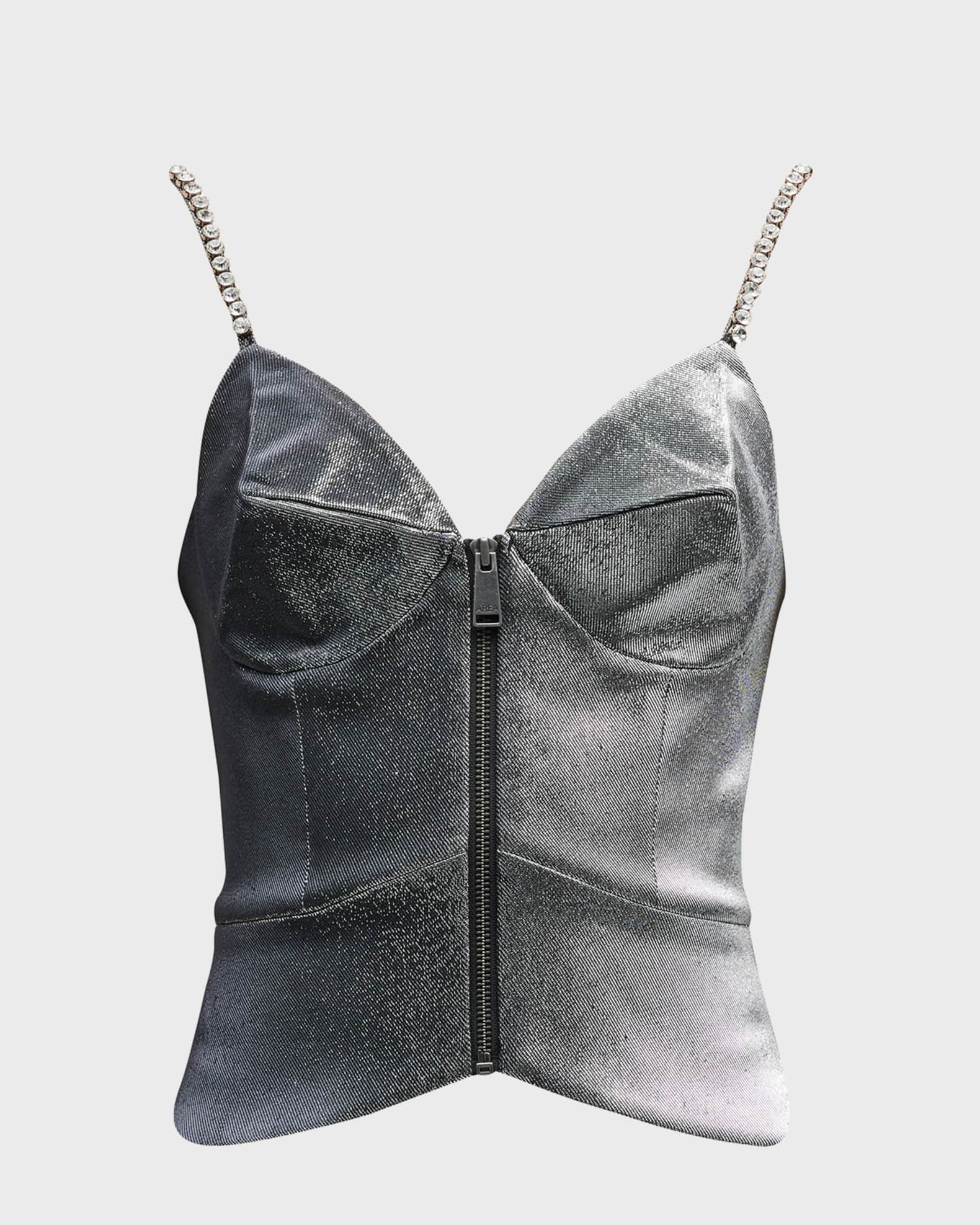 AREA Pyramid Cup Crystal-Straps Zip-Front Corset Top | Neiman Marcus