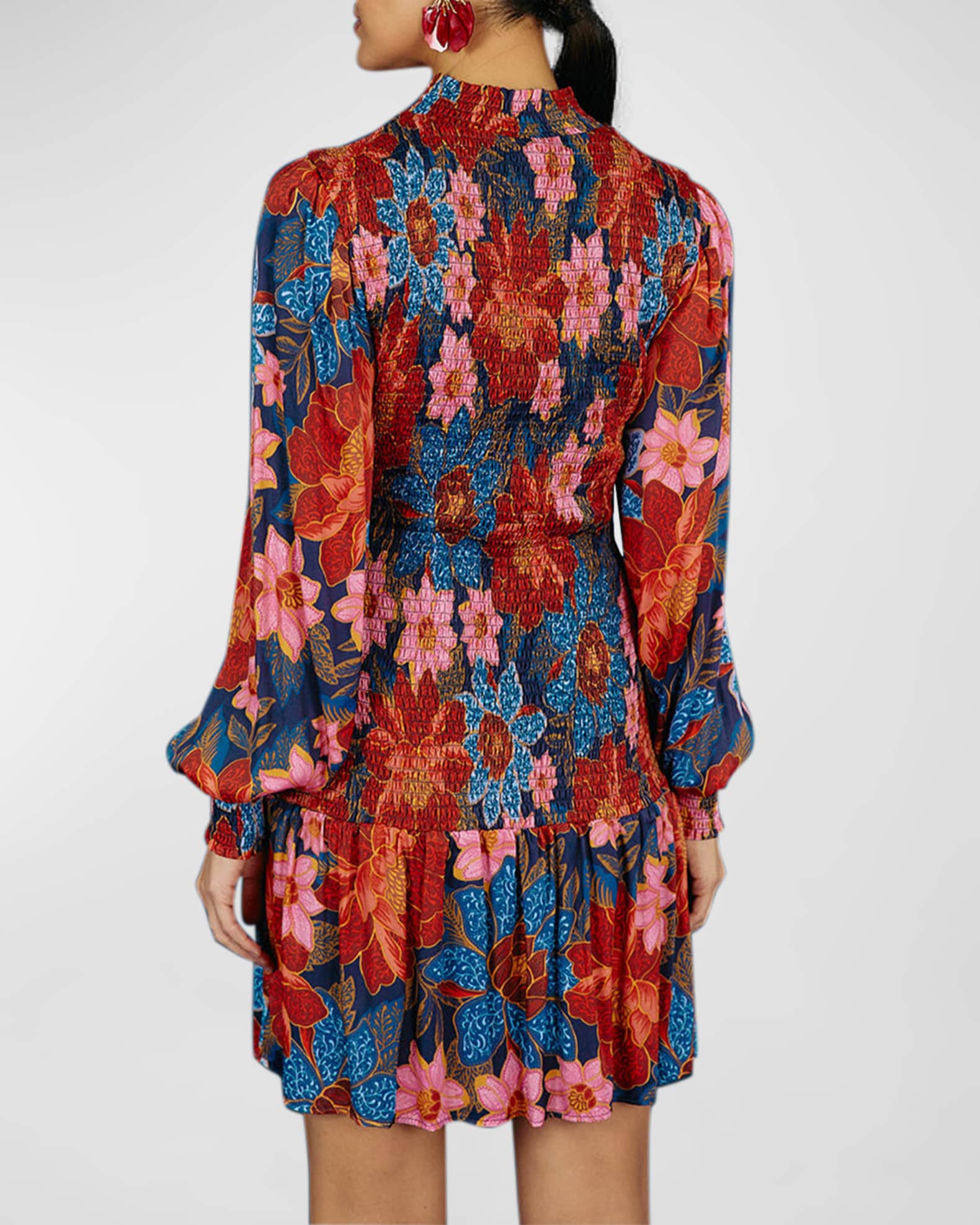 Farm Rio Garden Navy Smocked Blouson-Sleeve Mini Dress | Neiman Marcus