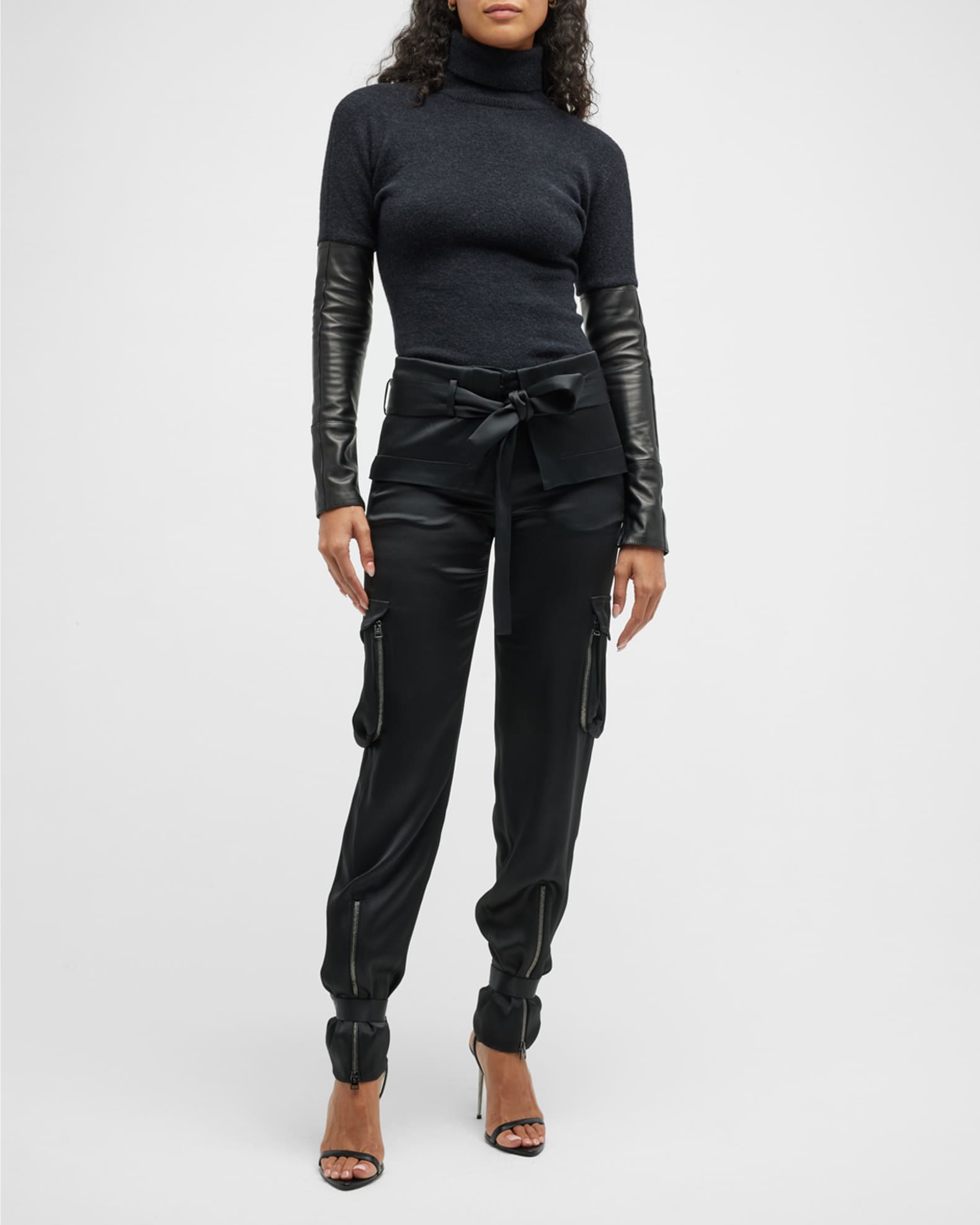 TOM FORD Zip-Hem Belted Straight-Leg Satin Cargo Pants | Neiman Marcus