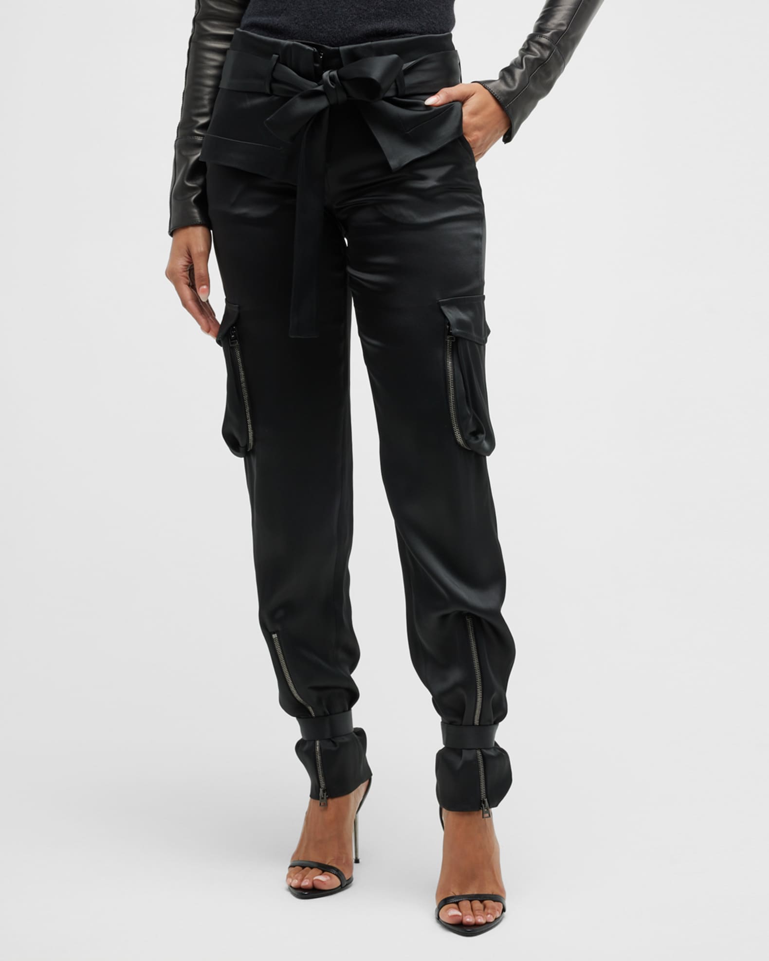 TOM FORD Zip-Hem Belted Straight-Leg Satin Cargo Pants | Neiman Marcus