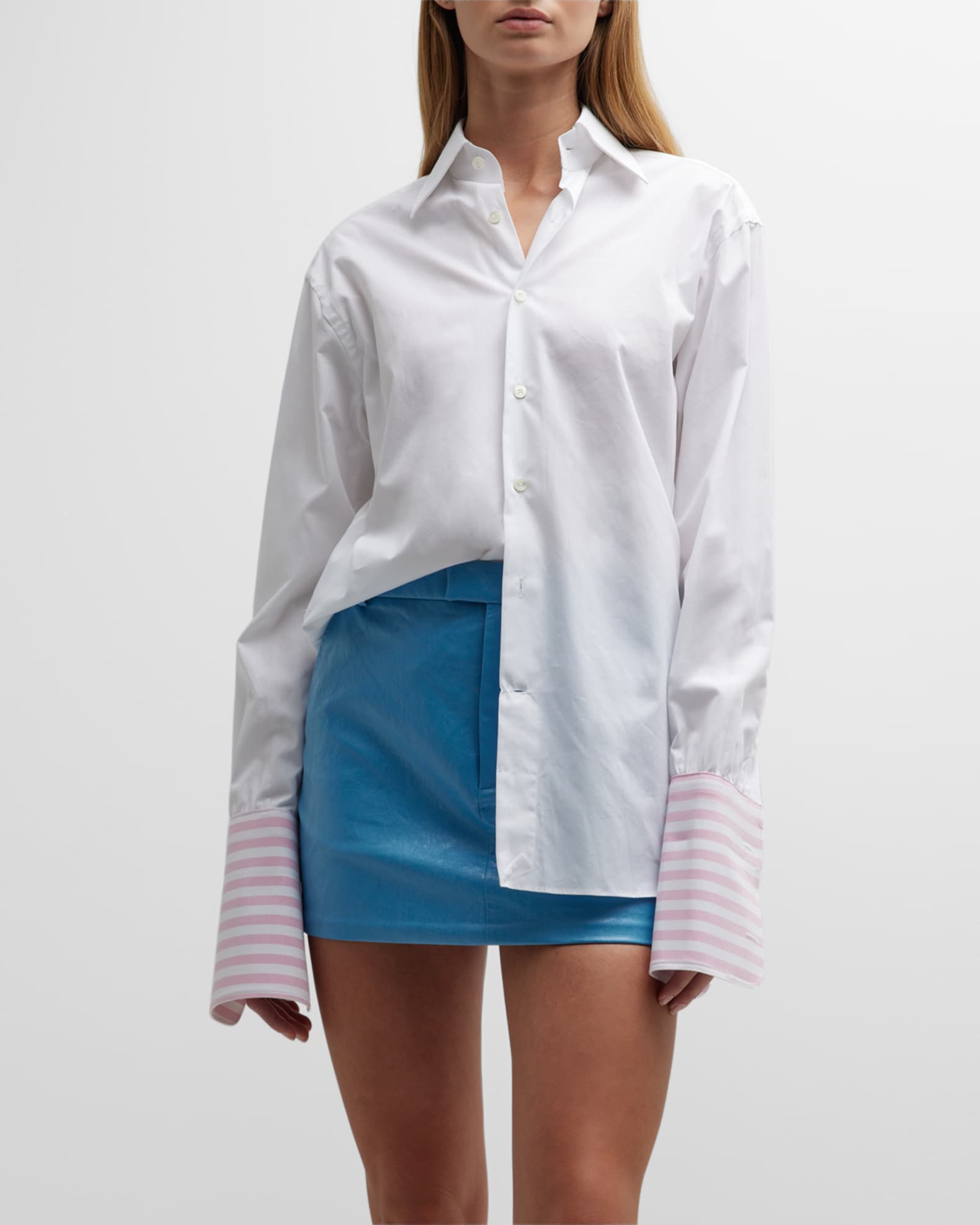 WOERA Contrast-Cuff Button-Front Cotton Shirt | Neiman Marcus