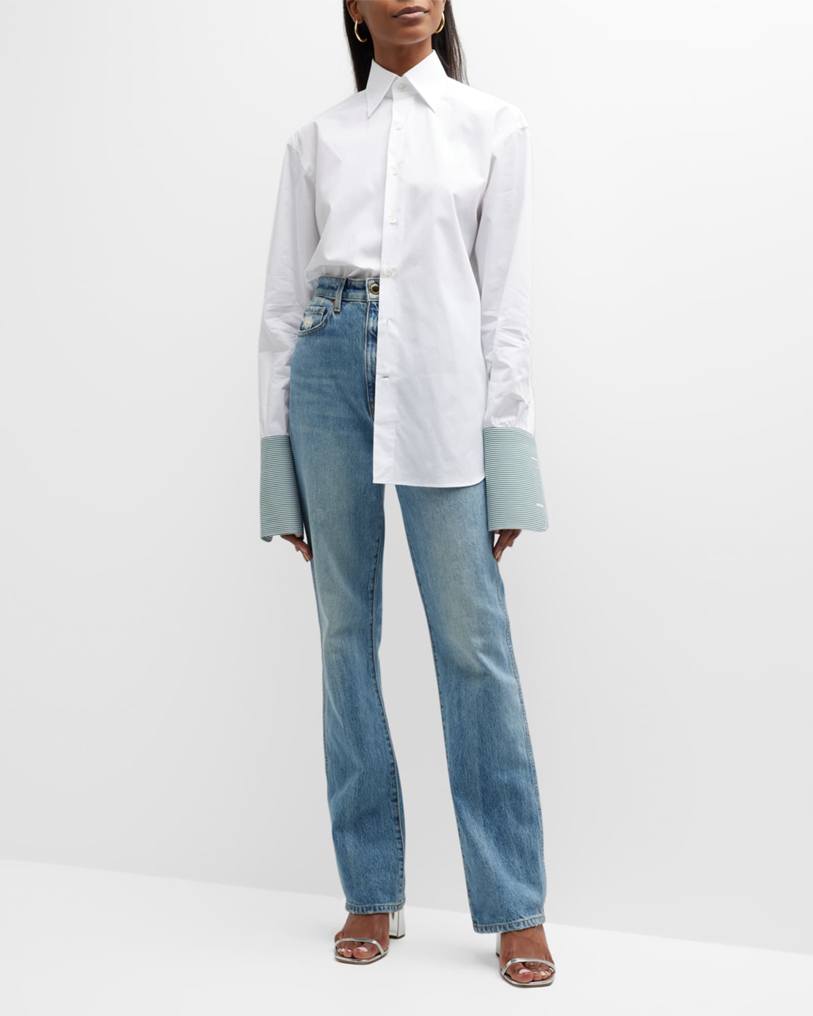 WOERA Contrast-Cuff Button-Front Cotton Shirt | Neiman Marcus