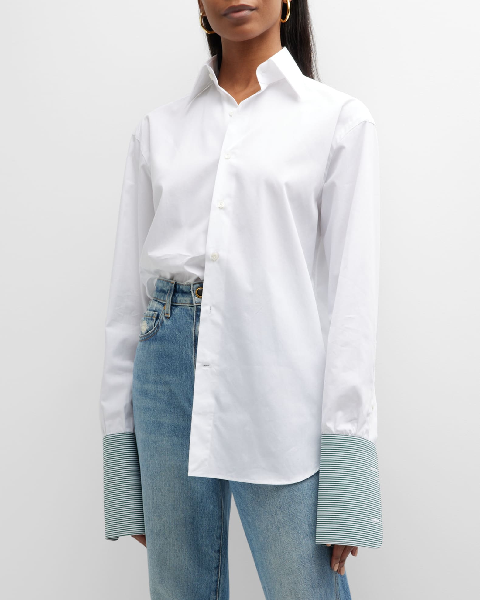 WOERA Contrast-Cuff Button-Front Cotton Shirt | Neiman Marcus