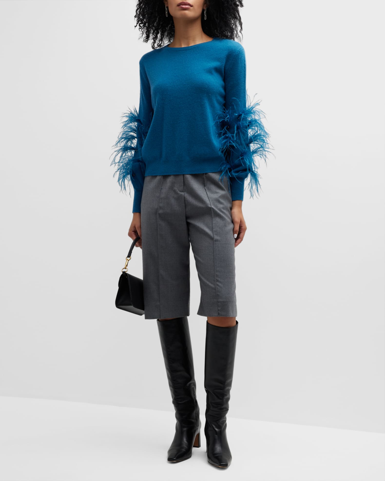 Neiman Marcus Cashmere Collection Cashmere Sweater with Feather Detail ...