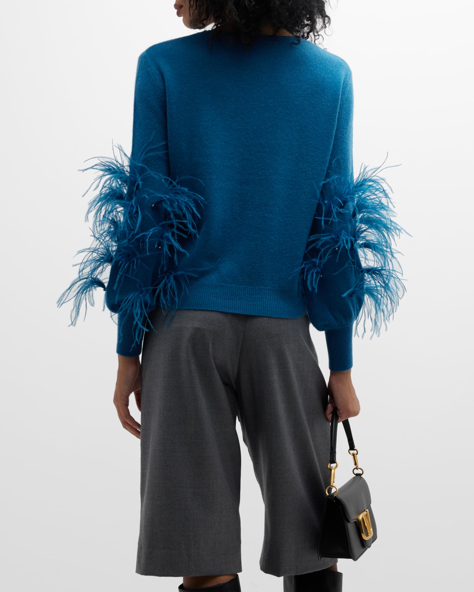 Neiman Marcus Cashmere Collection Cashmere Sweater with Feather Detail ...