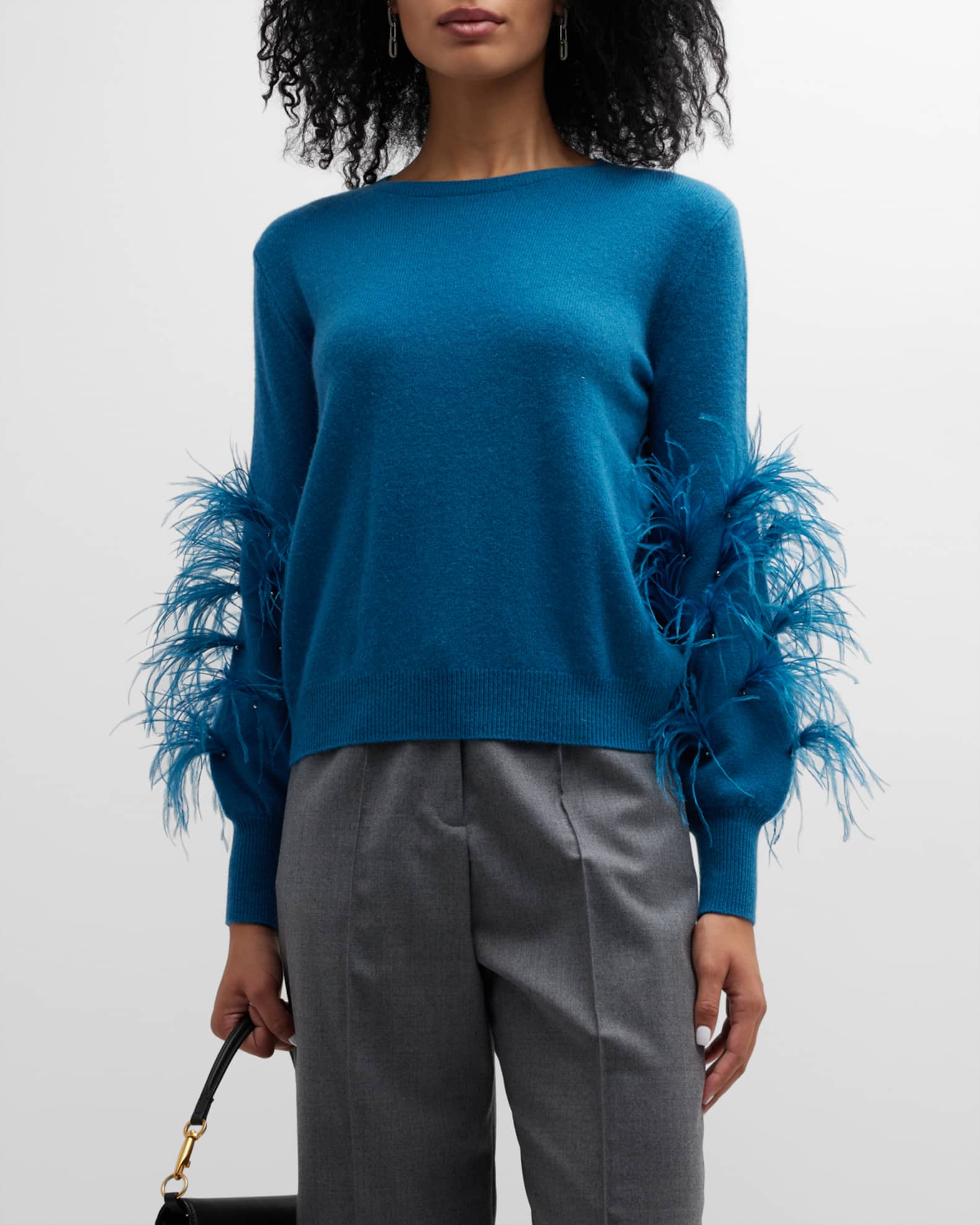 Neiman Marcus Cashmere Collection Cashmere Sweater with Feather Detail ...