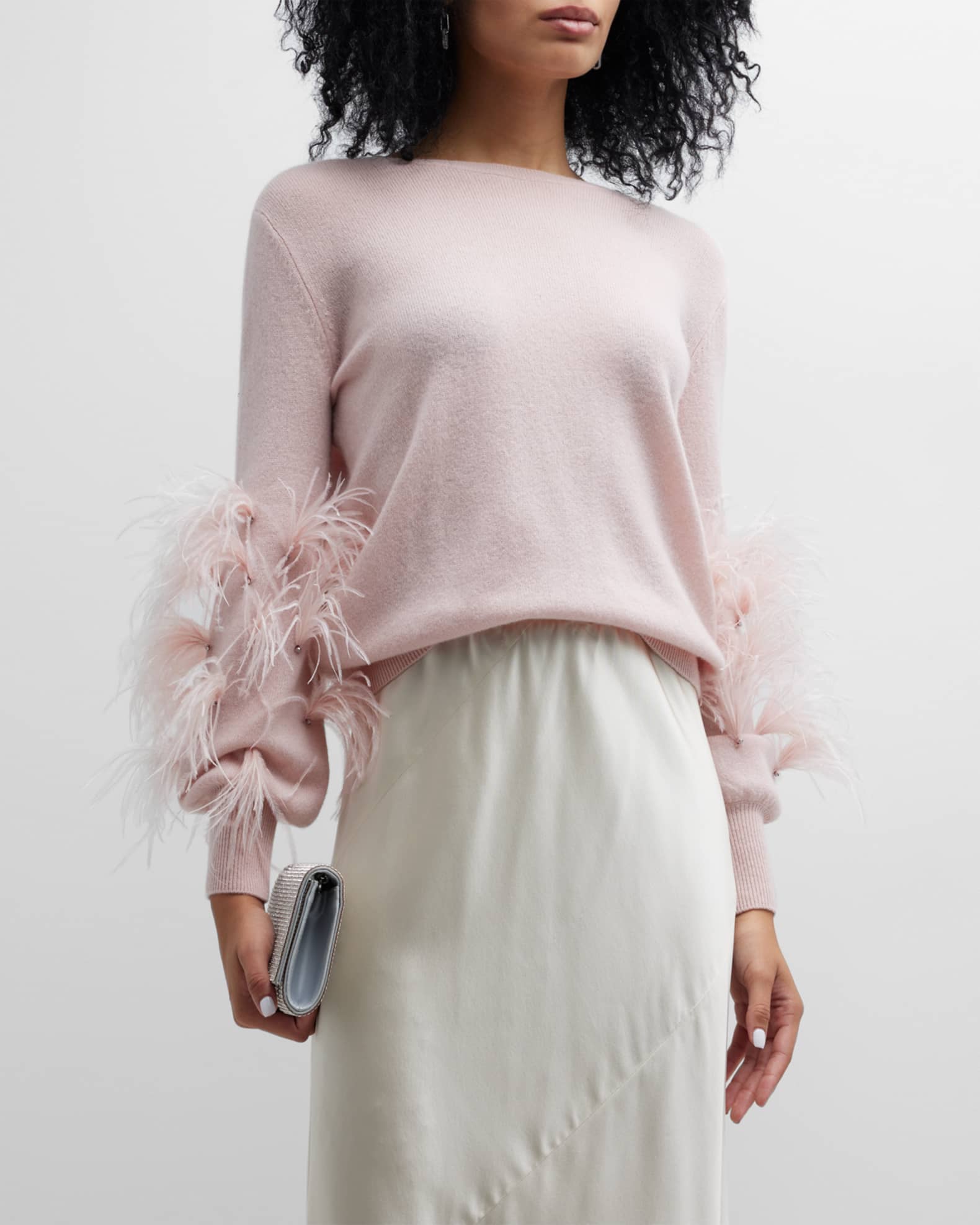 Neiman Marcus Cashmere Collection Cashmere Sweater with Feather Detail ...