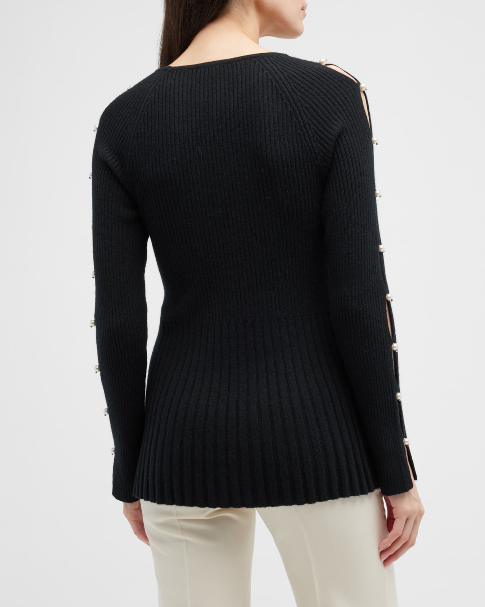 Neiman Marcus Cashmere Collection Cashmere Ribbed Crewneck w/ Pearl ...