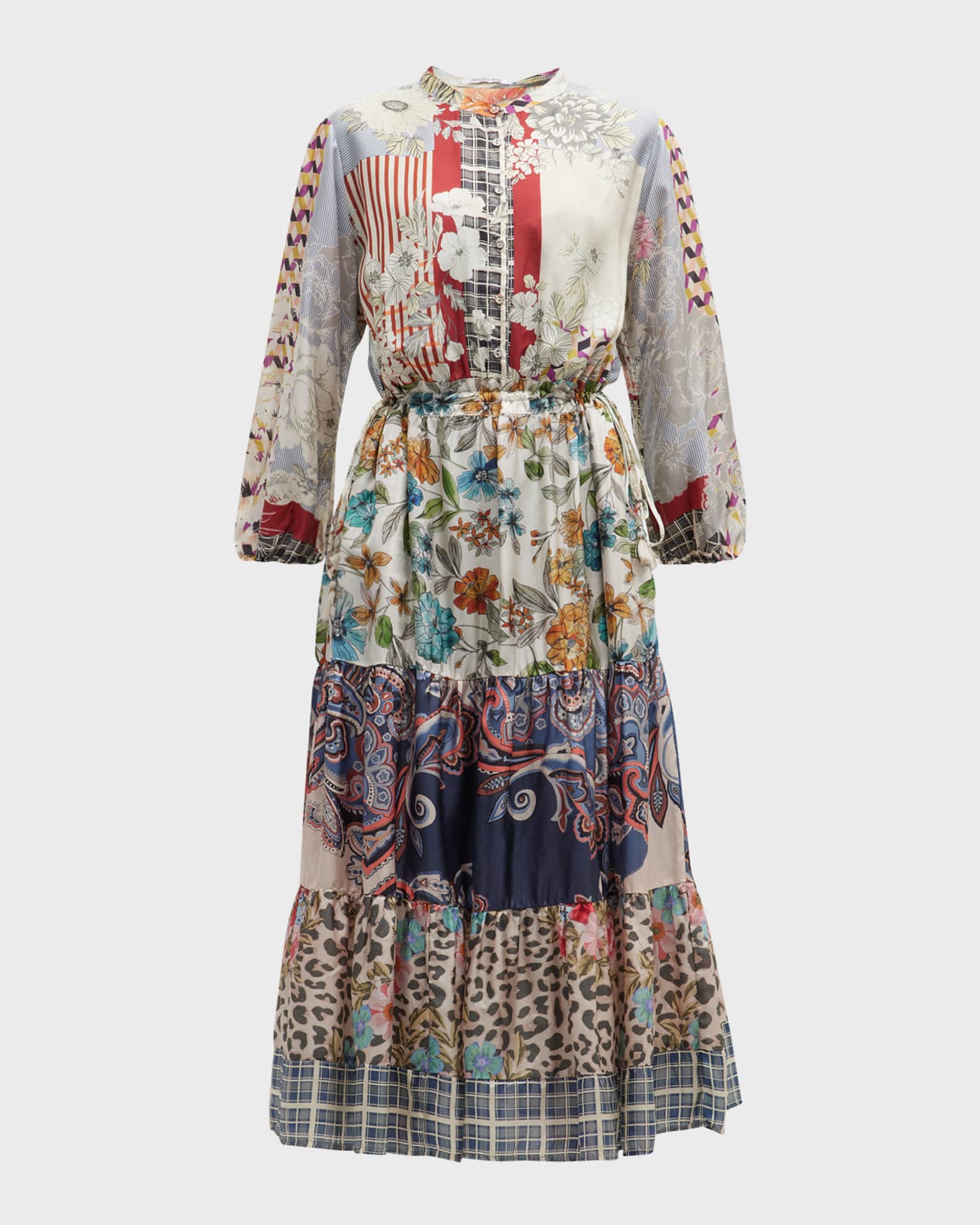 Johnny Was Betzy Jamie Tiered Patchwork-Print Midi Dress | Neiman Marcus