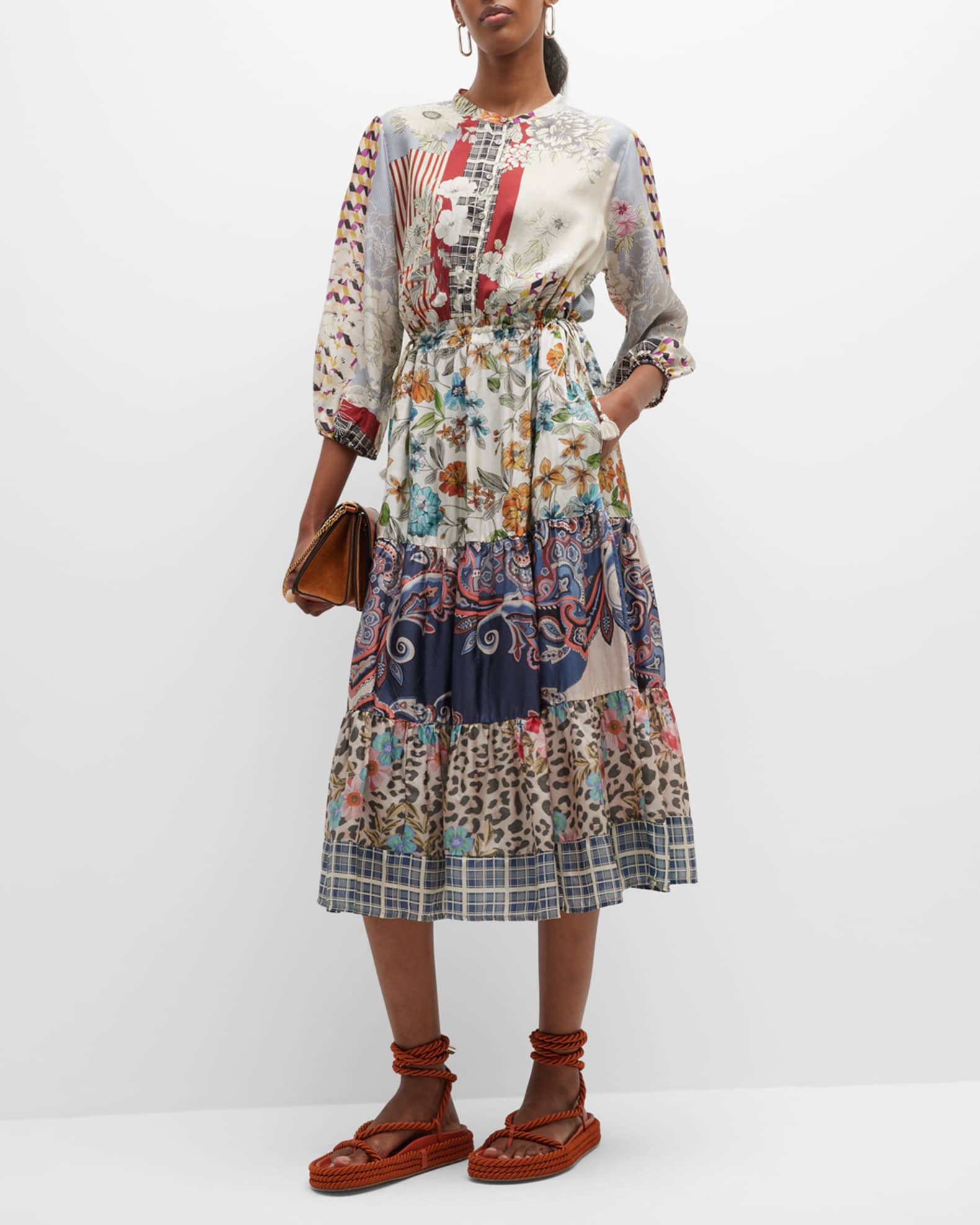 Johnny Was Betzy Jamie Tiered Patchwork-Print Midi Dress | Neiman Marcus