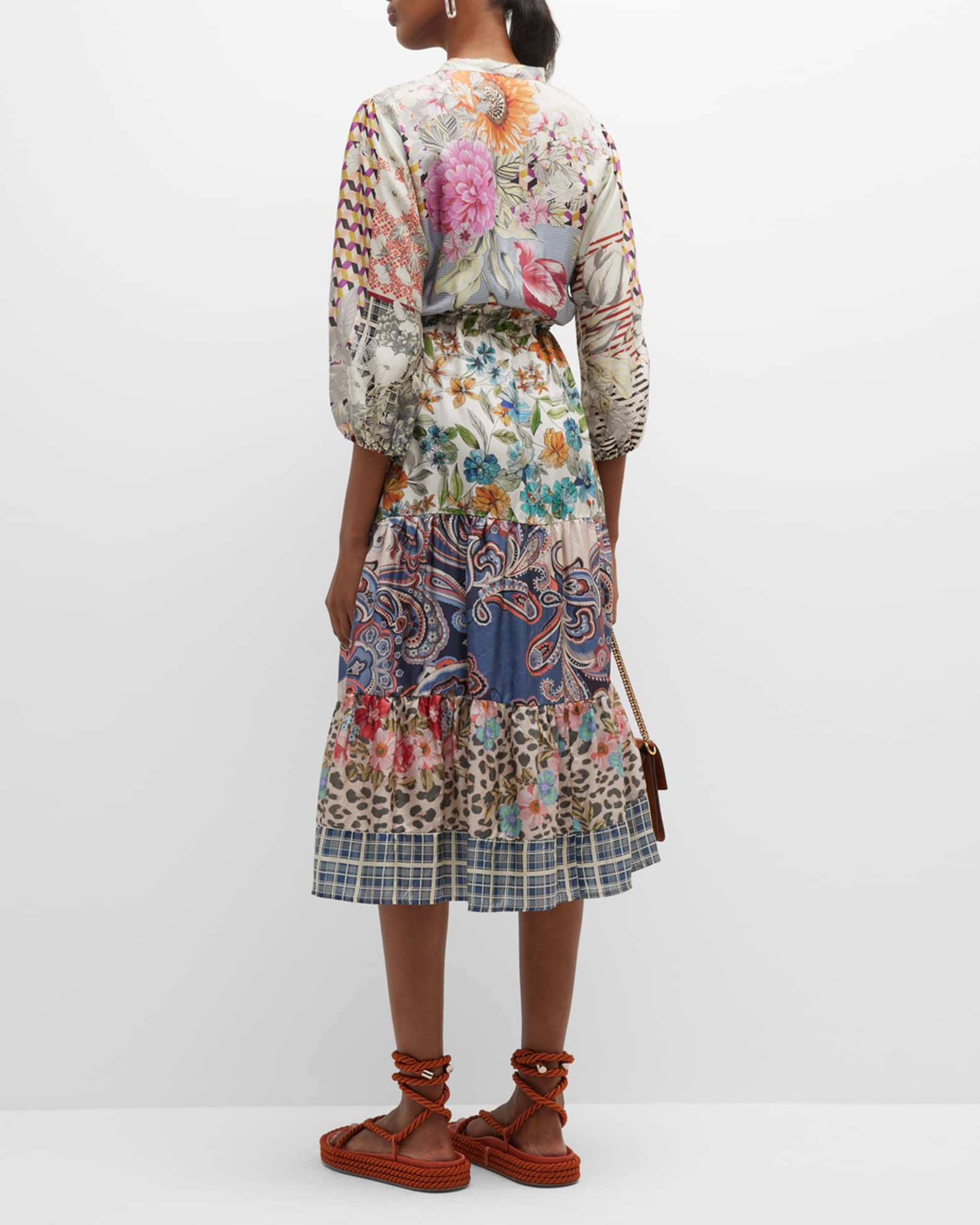 Johnny Was Betzy Jamie Tiered Patchwork-Print Midi Dress | Neiman Marcus