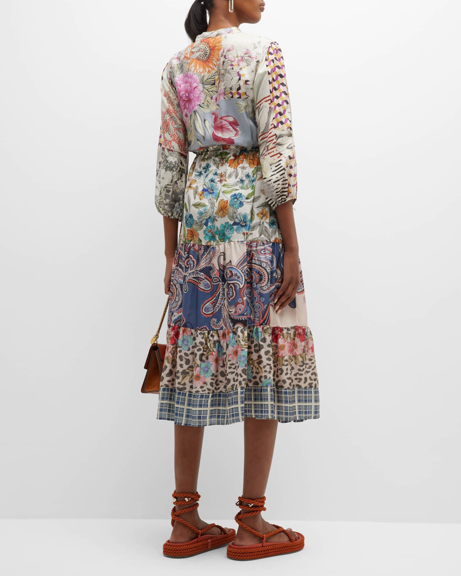 Johnny Was Betzy Jamie Tiered Patchwork-Print Midi Dress | Neiman Marcus