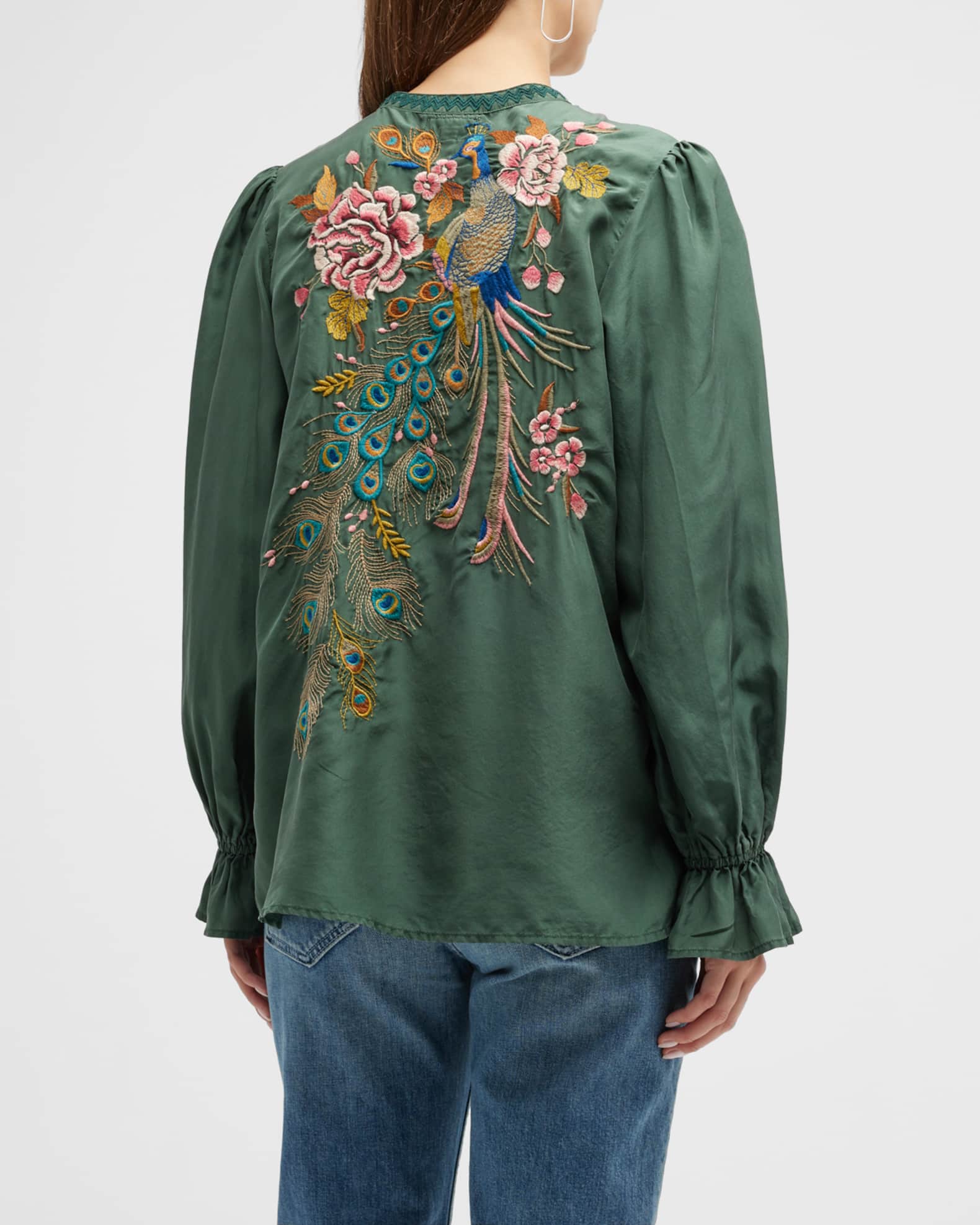 Johnny Was Quito Embroidered Silk Prairie Blouse | Neiman Marcus