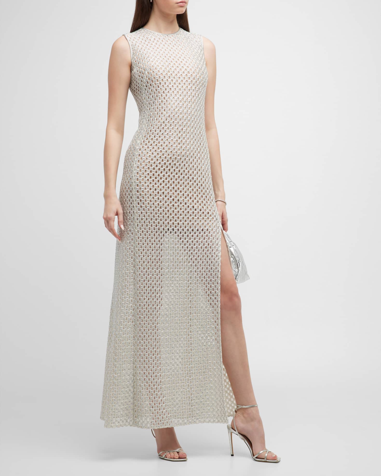 Akris Metallic Crochet Embroidered Side-Slit Gown | Neiman Marcus