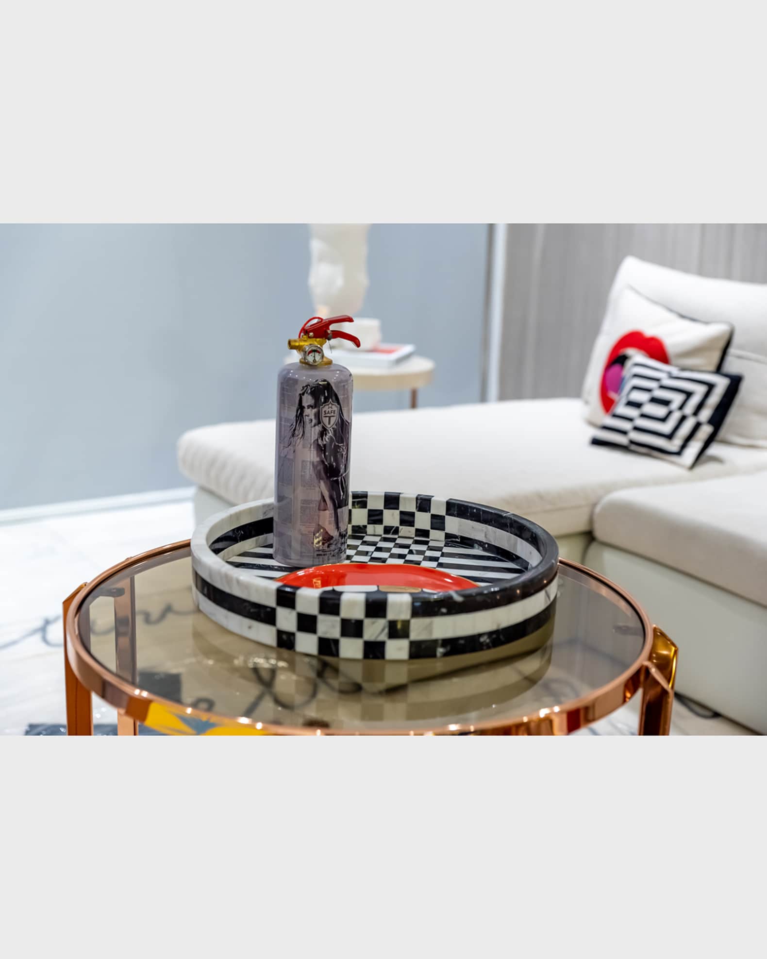 Vetta Home Large Round Checkered & Striped Tray | Neiman Marcus