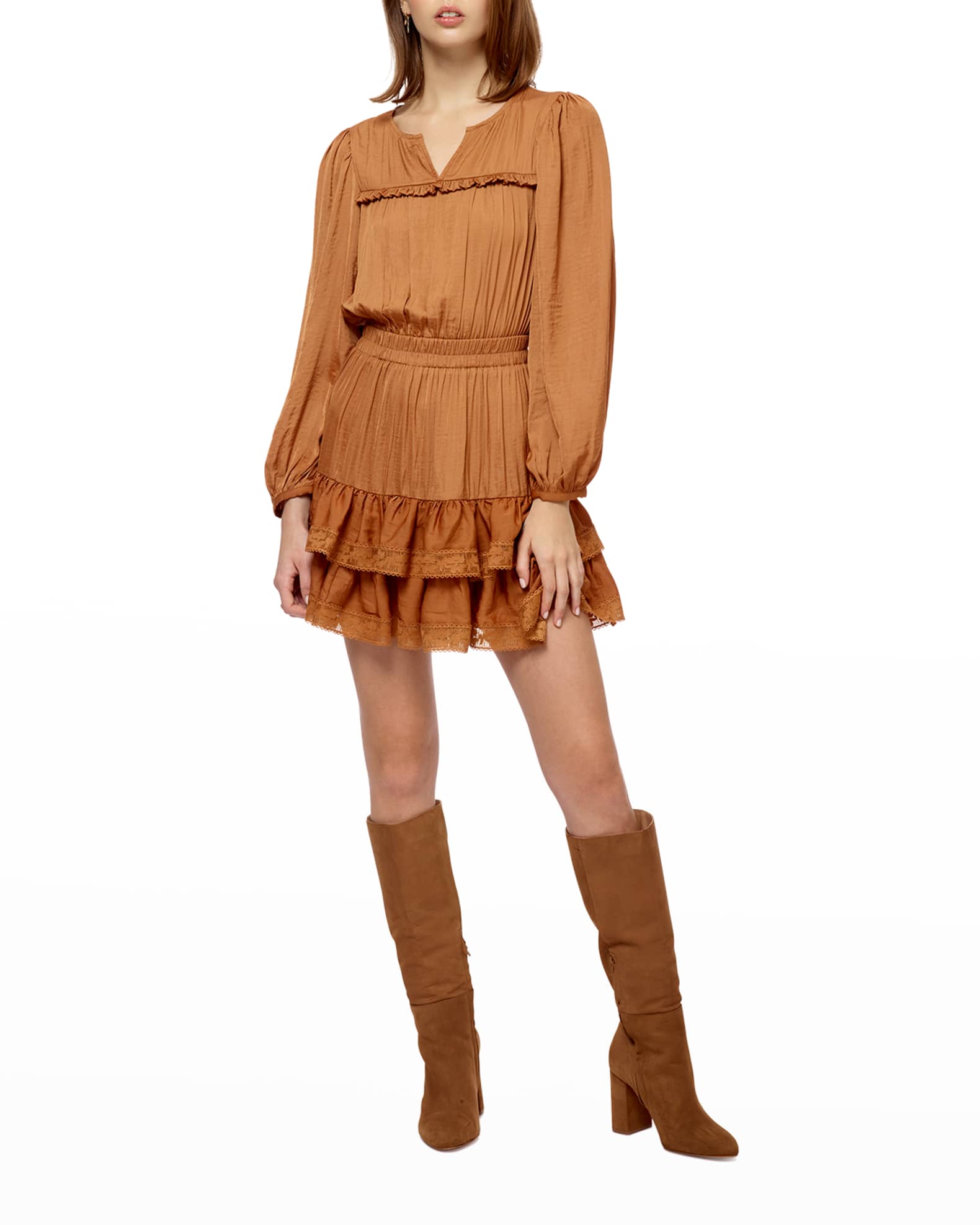 Stellah Split Neck Long-Sleeve Mini Dress | Neiman Marcus