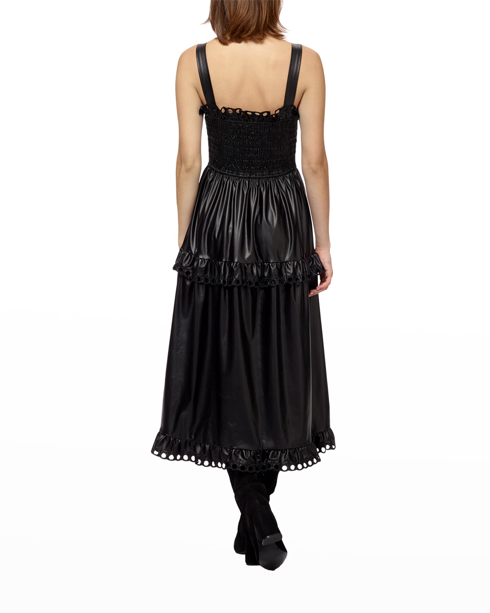 Stellah Faux Leather Eyelet-Trimmed Midi Dress | Neiman Marcus