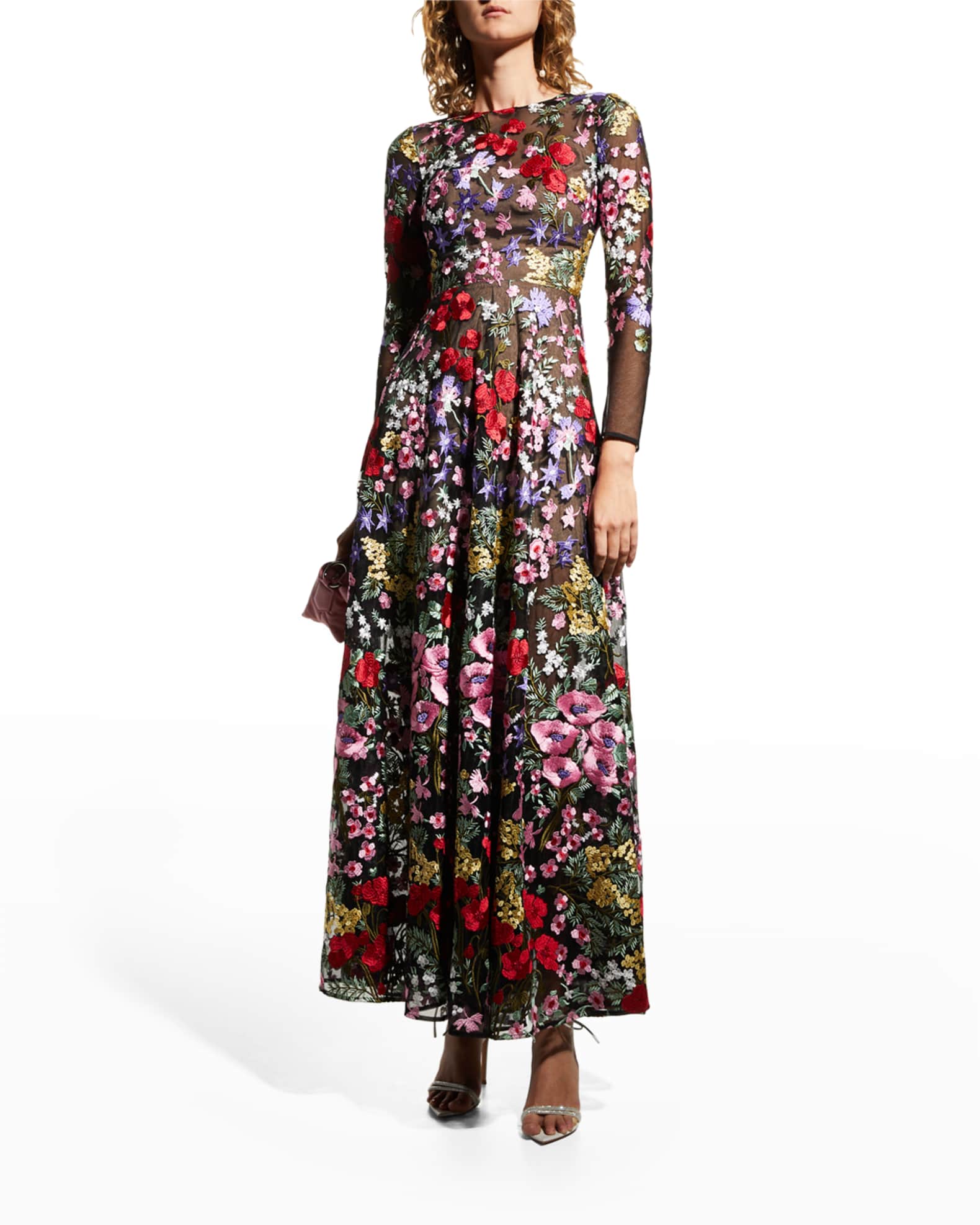 Dress The Population Ava Floral Embroidered Bracelet Sleeve Gown