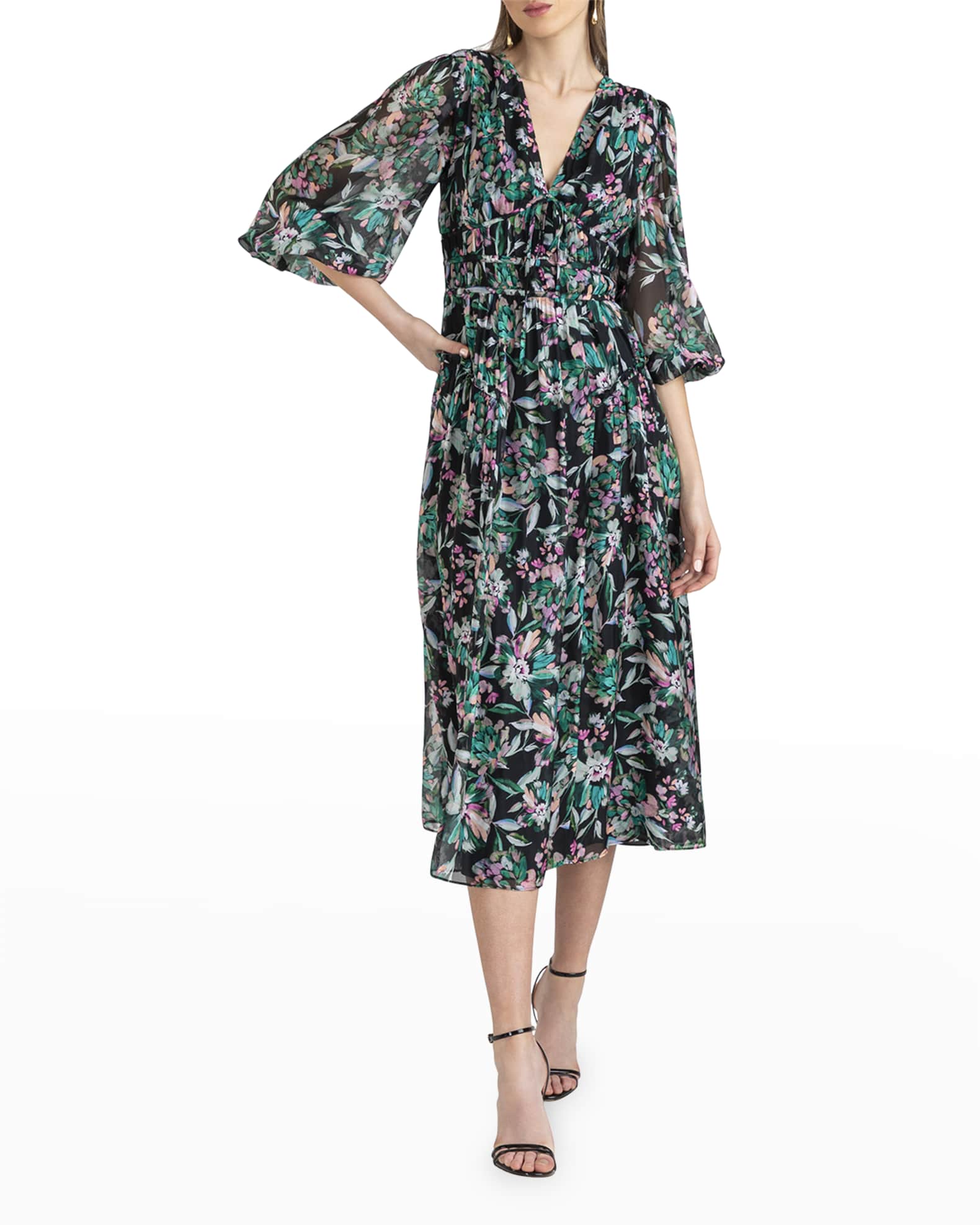 Shoshanna Puff-Sleeve Floral-Print Midi Dress | Neiman Marcus
