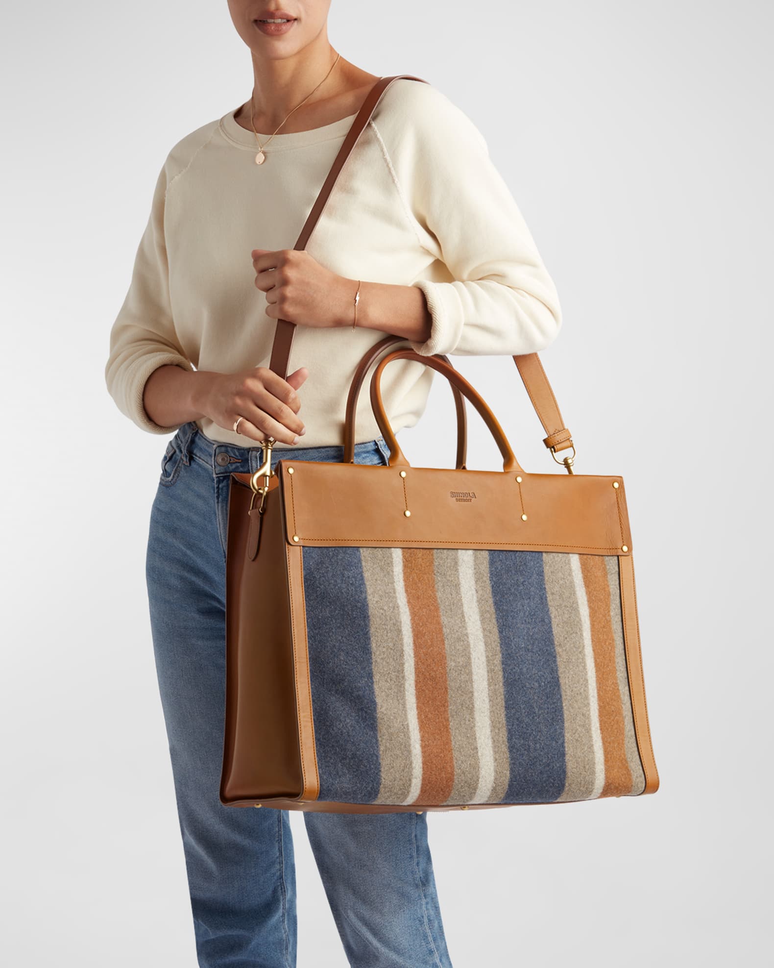 Shinola Overnight Striped Wool & Leather Satchel Bag | Neiman Marcus